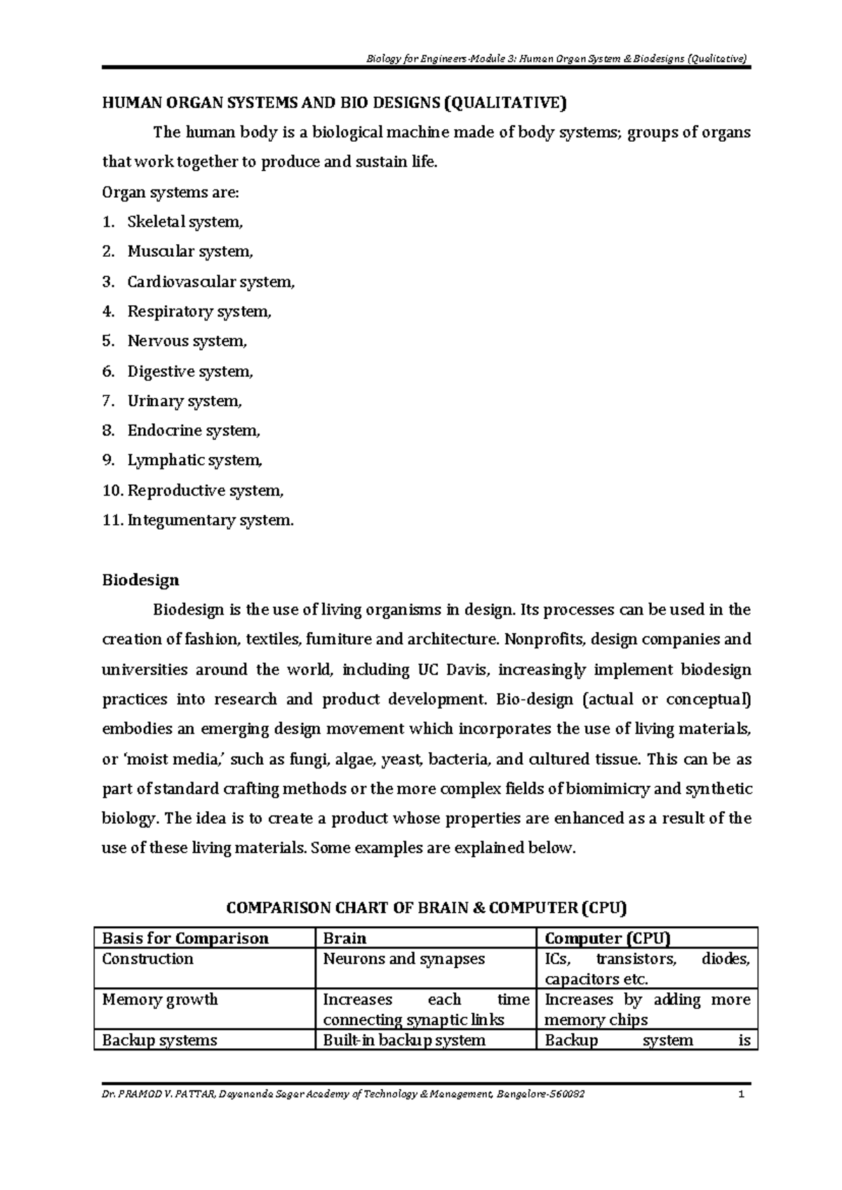 Biology for Engineers-Module 3 Notes.Dr. Pramod Pattar - HUMAN ORGAN ...