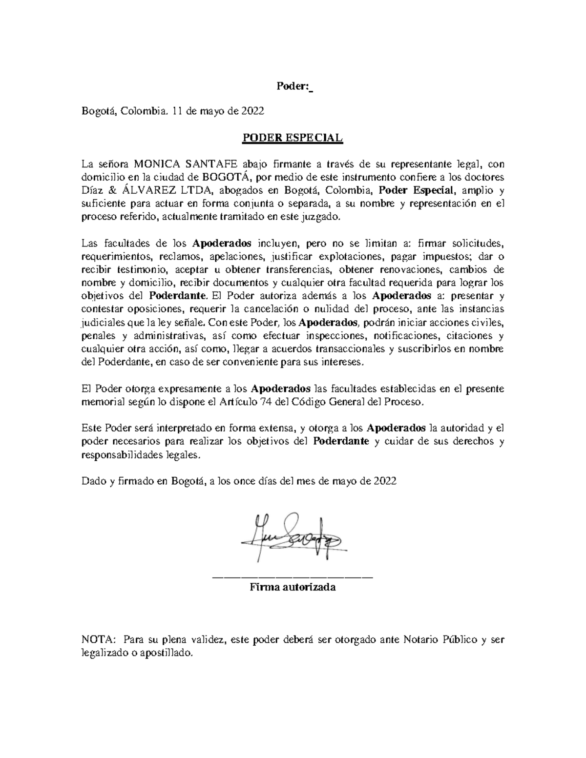 Poder acerca de un proceso ordinario civil - Poder: Bogotá, Colombia ...