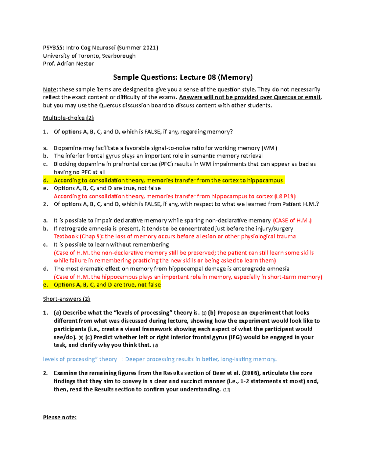 Lecture 08 B55 Memory Prac Qs - PSYB55: Intro Cog Neurosci (Summer 2021) University of Toronto ...