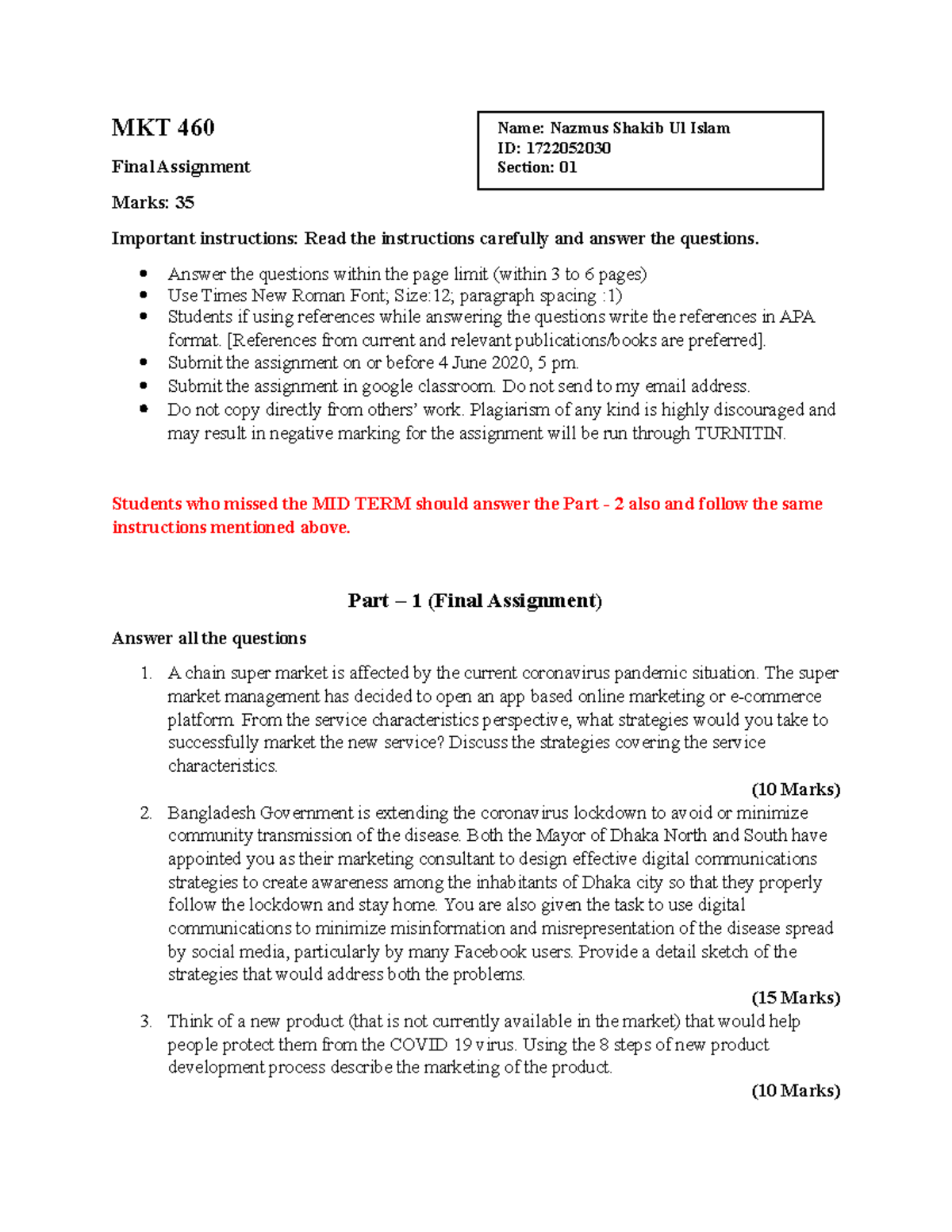 Mkt 460 Home Assignment - MKT 460 Final Assignment Marks: 35 Important ...