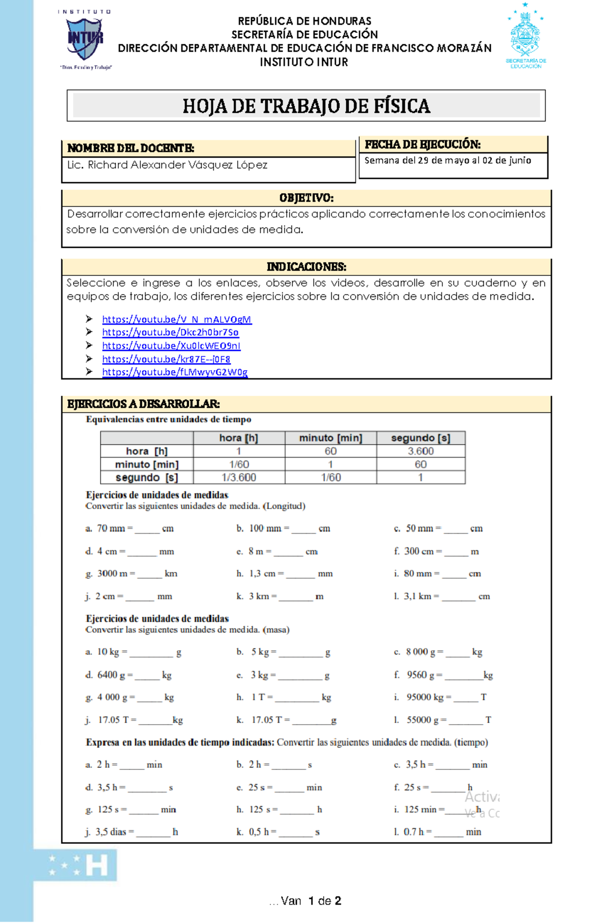 Instituto Intur GUÍA DE Física PARA 10MO. Grado - REPÚBLICA DE HONDURAS ...