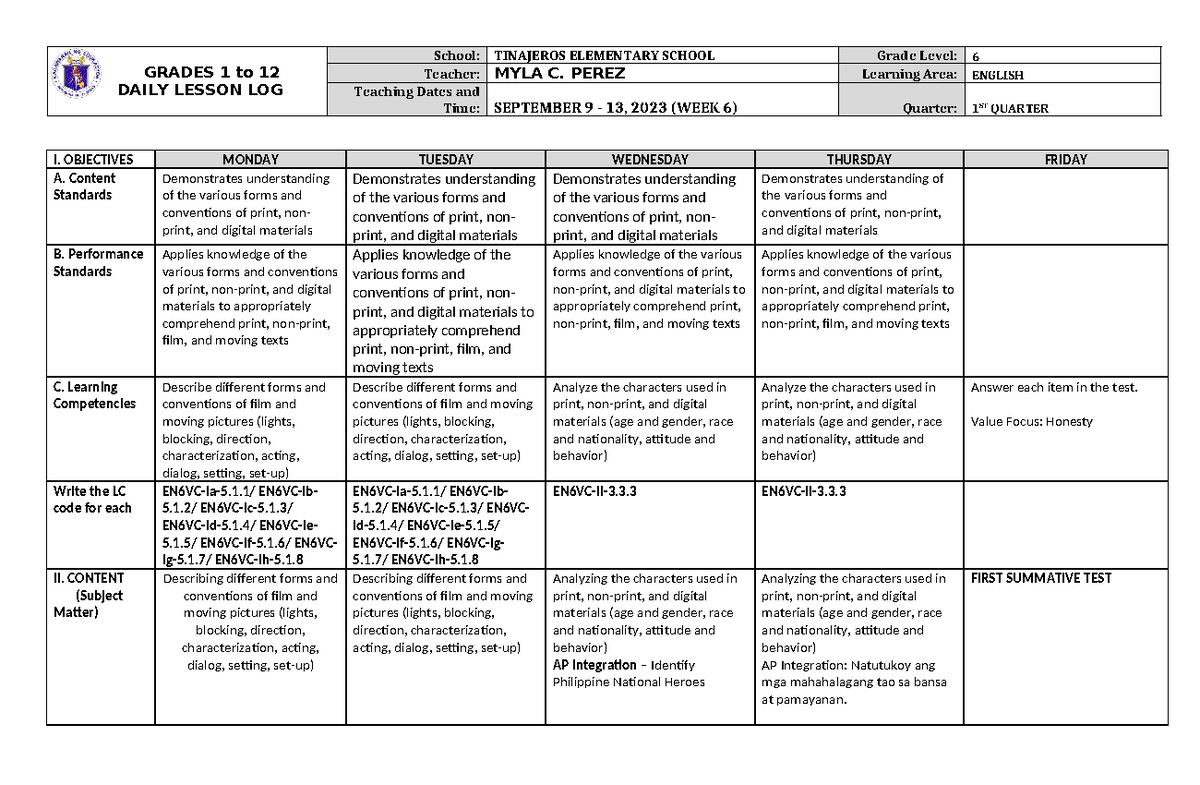DLL English-6 Q1 W3 - lesson - GRADES 1 to 12 DAILY LESSON LOG School ...