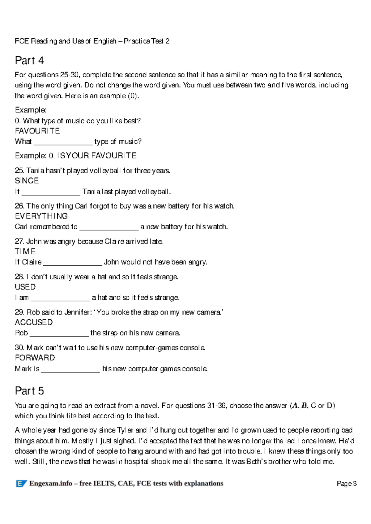 FCE Reading and Use of English - Mock Test 2 - Parts 5 to 7 - Part 4 ...