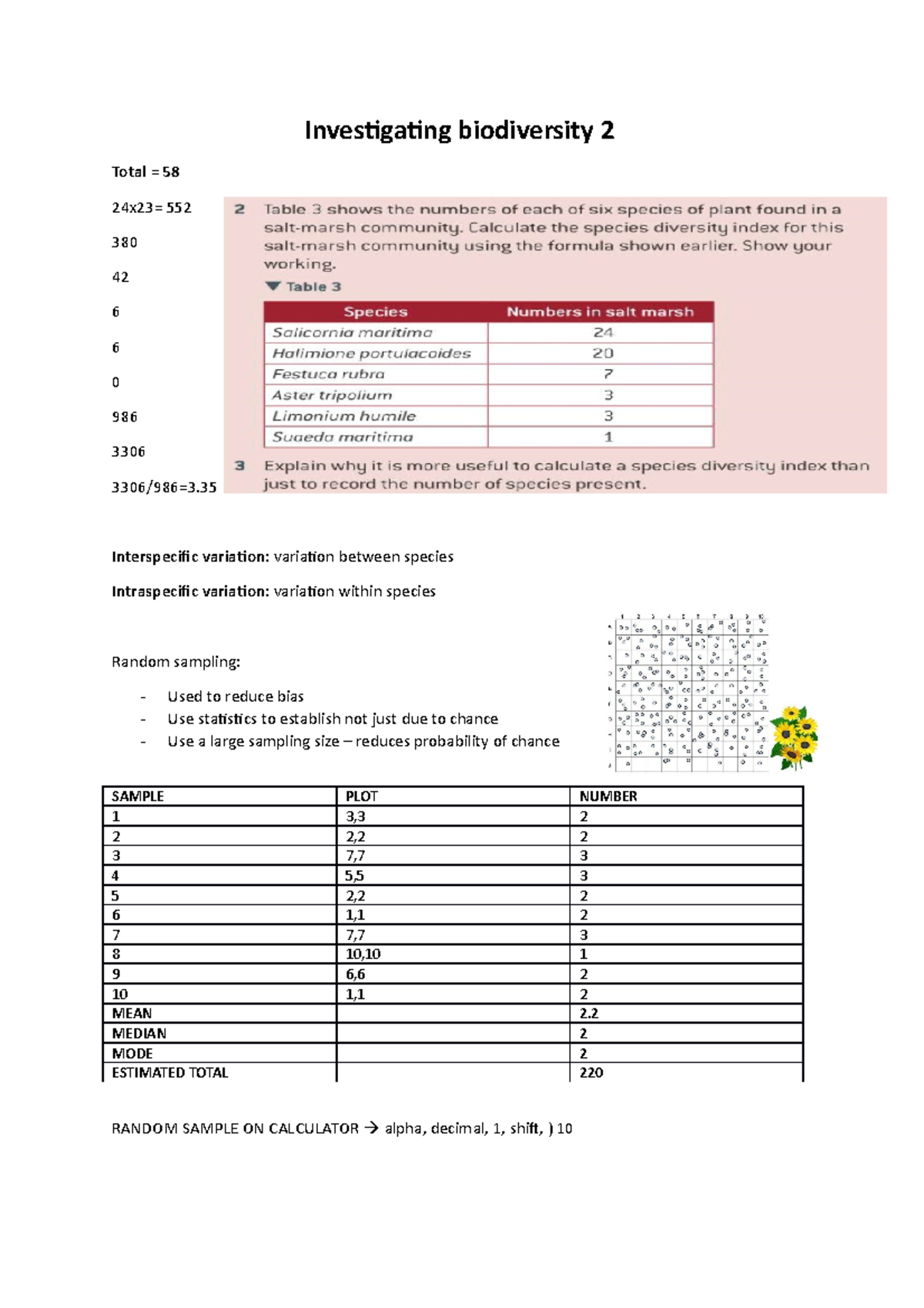 Investigating biodiversity 2 - 1 3,3 SAMPLE PLOT NUMBER - 2 2,2 - 3 7,7 ...
