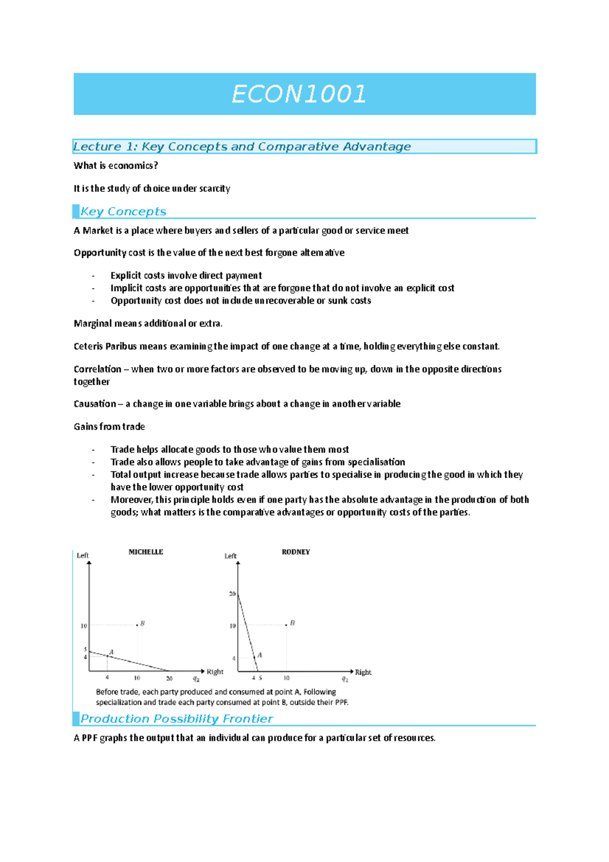 ECON1001-Course-Notes - ECON Lecture 1: Key Concepts and Comparative ...