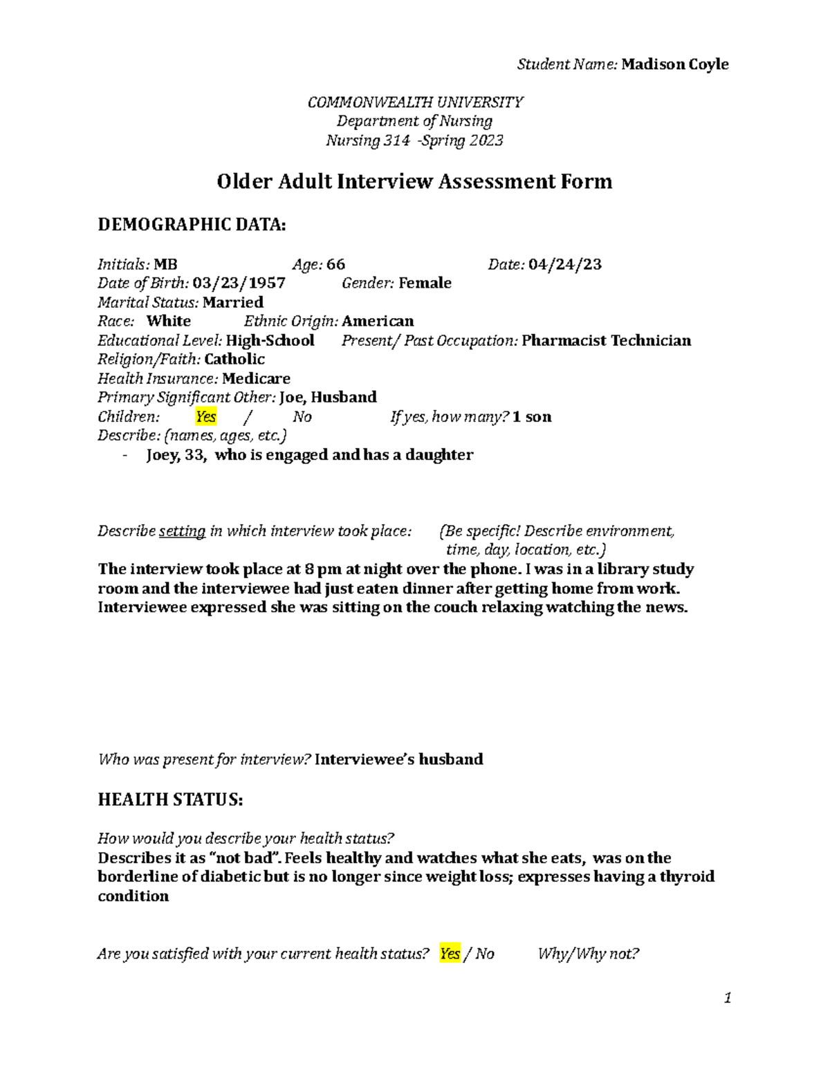 Older Adult Interview - Student Name: Madison Coyle COMMONWEALTH ...