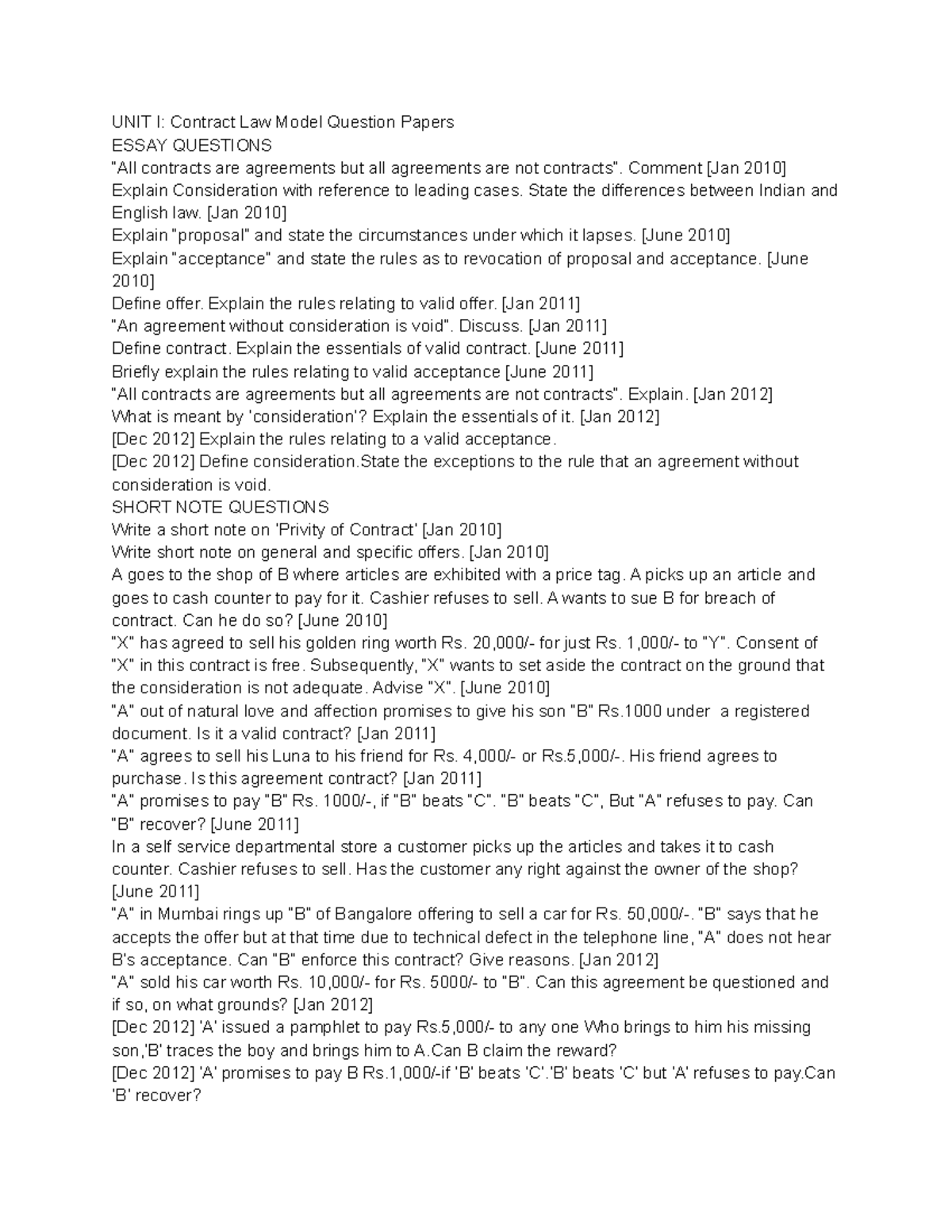 Question bank contract 1 - UNIT I: Contract Law Model Question Papers ...
