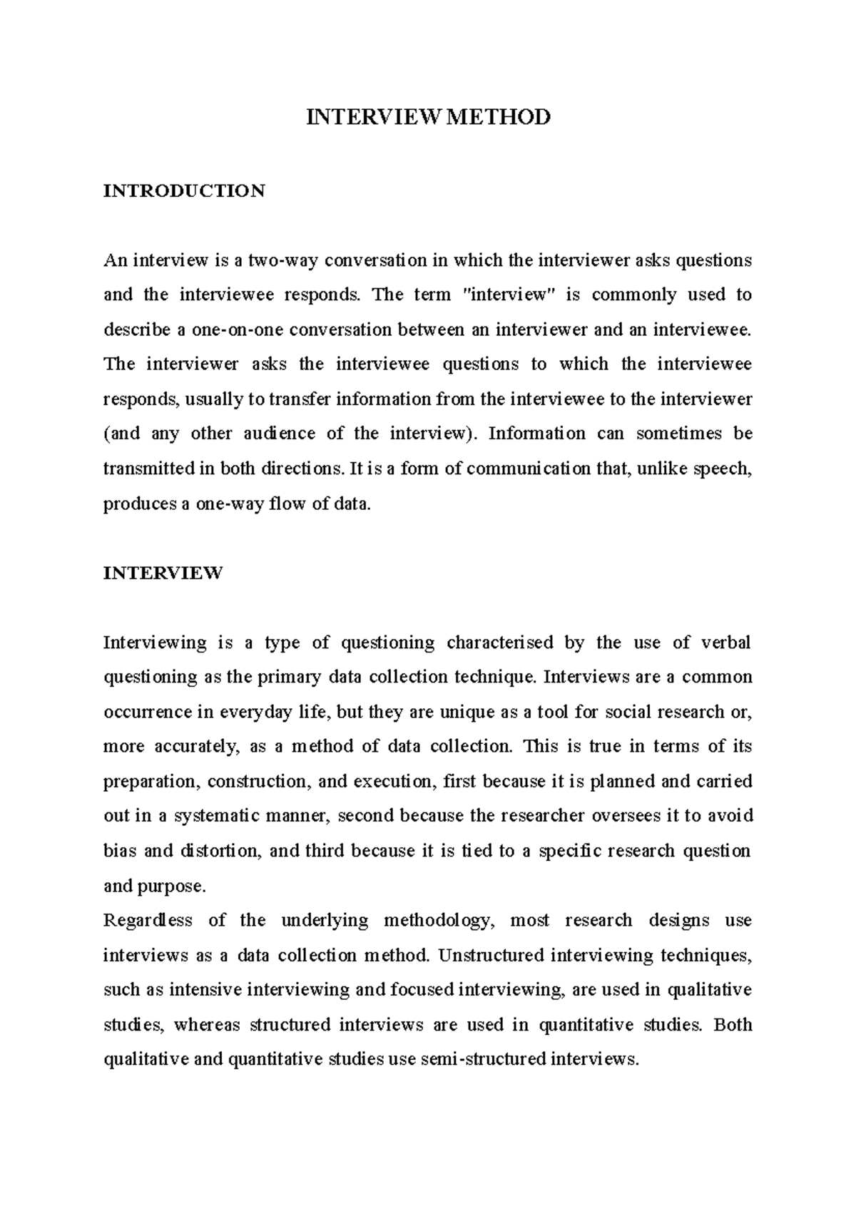 Interview Method - Lecture notes 4 - INTERVIEW METHOD INTRODUCTION An ...