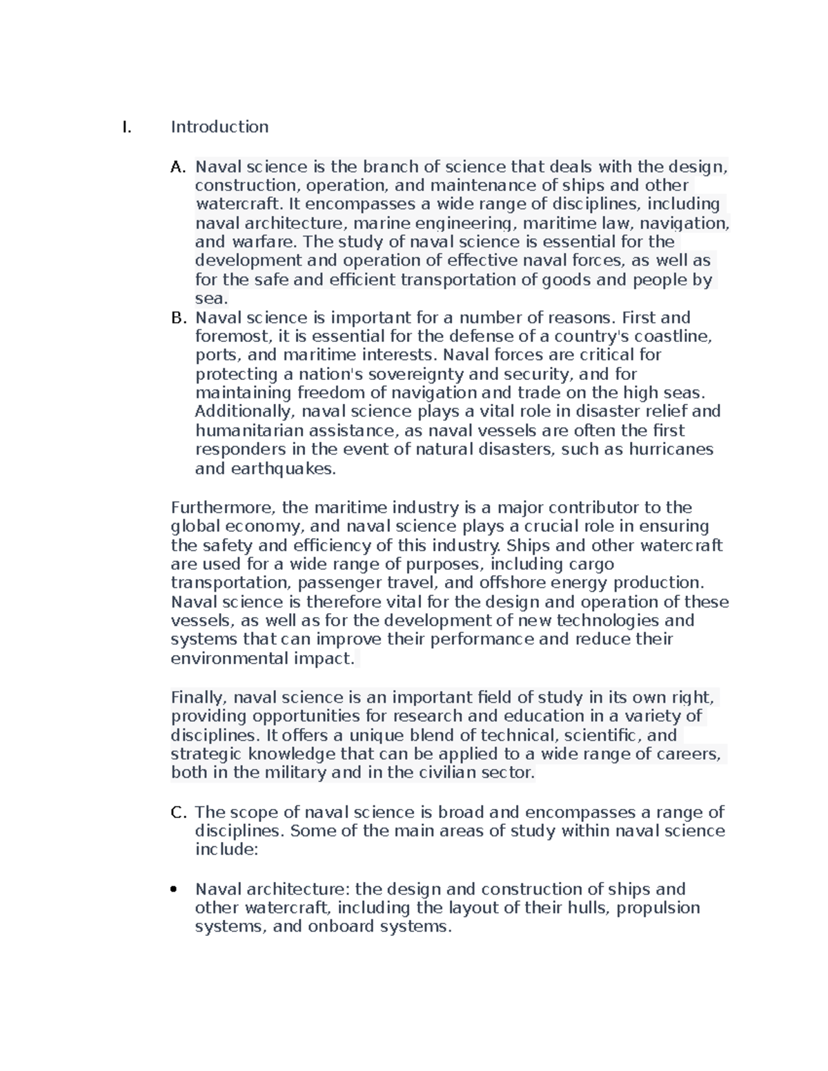 Naval Science - I. Introduction A. Naval science is the branch of ...