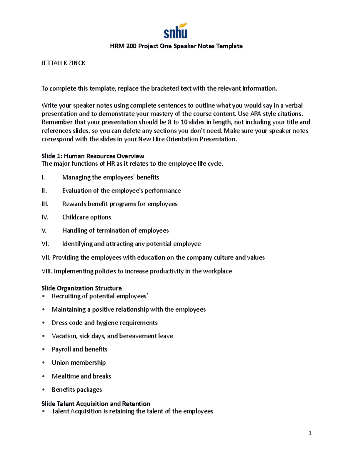 HRM 200 Project One Speaker Notes Template - HRM 200 Project One ...
