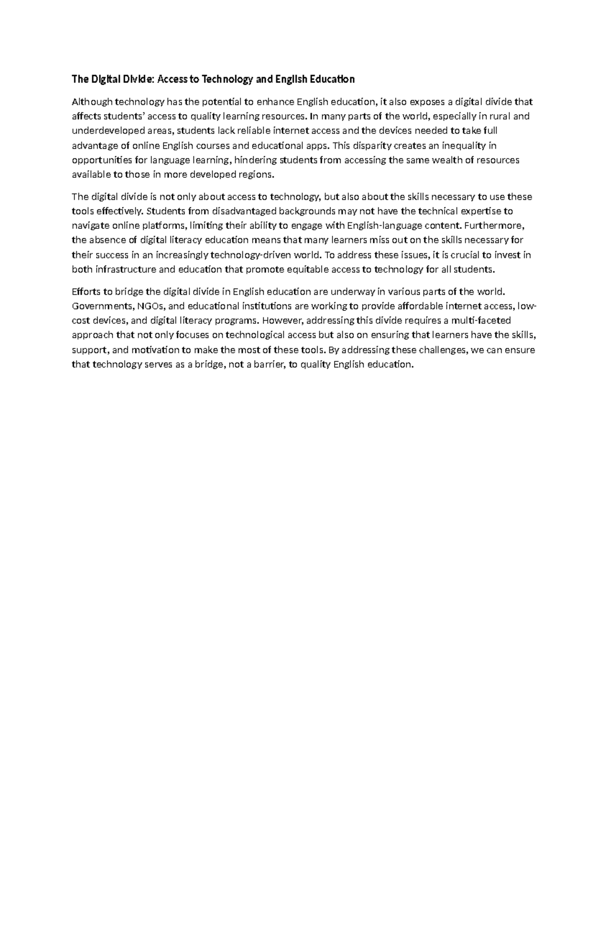 The Digital Divide Access to Technology and English Education - In many ...