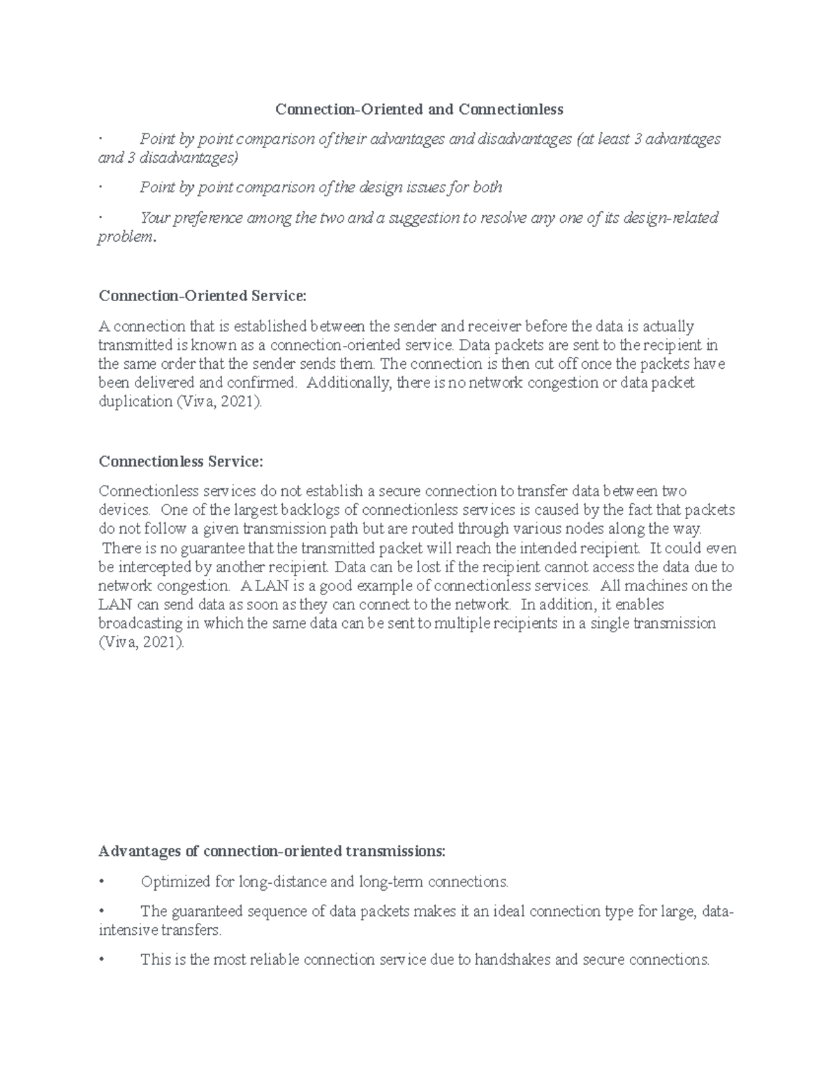 Assignment 01 - CS2204 - Connection-Oriented and Connectionless · Point by point comparison of ...