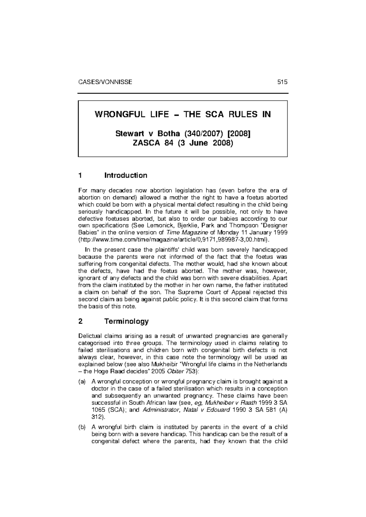 Mukheibir - Wrongful life - CASES/VONNISSE 515 WRONGFUL LIFE − THE SCA ...