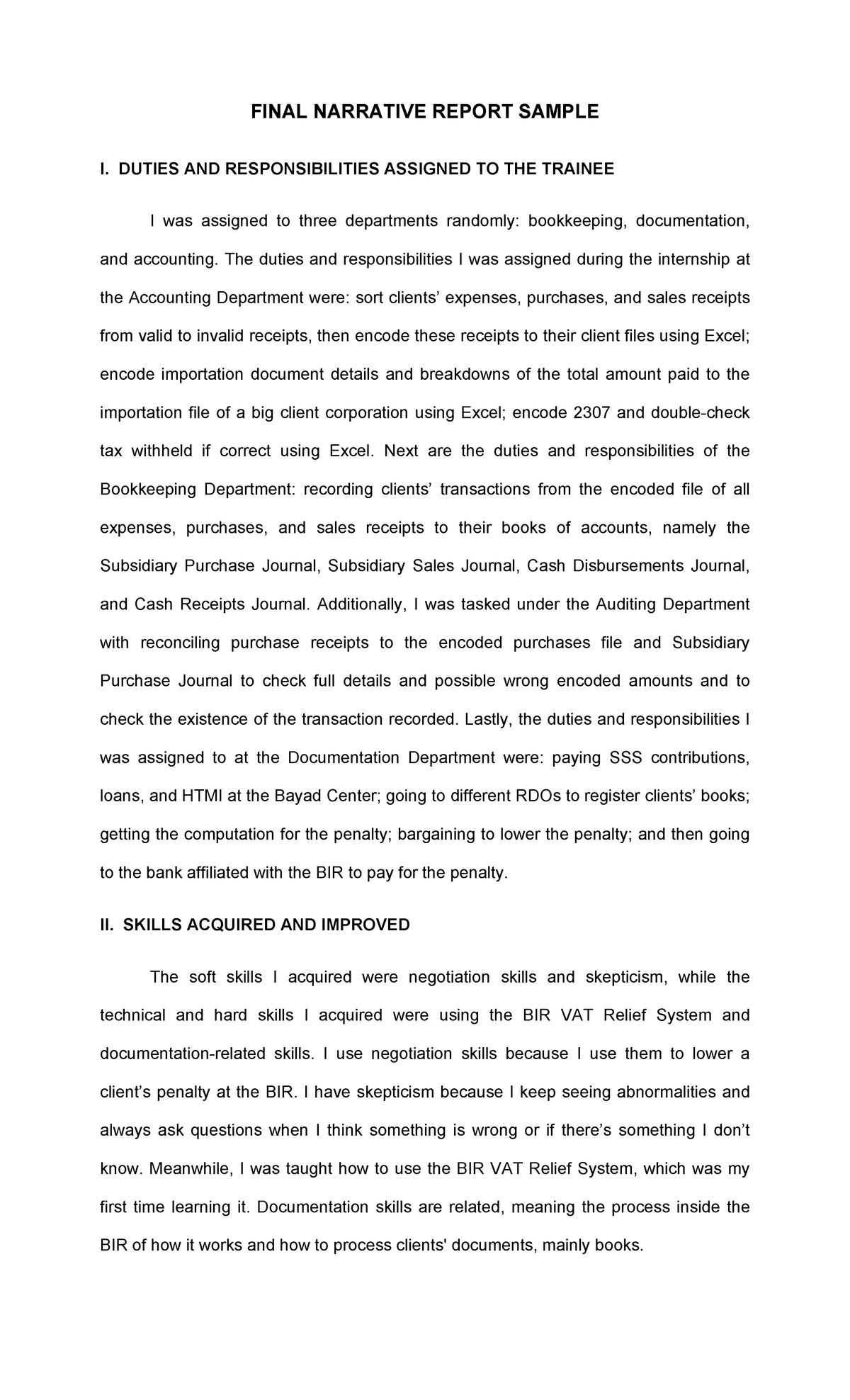 OJT Narrative Report - FINAL NARRATIVE REPORT SAMPLE I. DUTIES AND ...