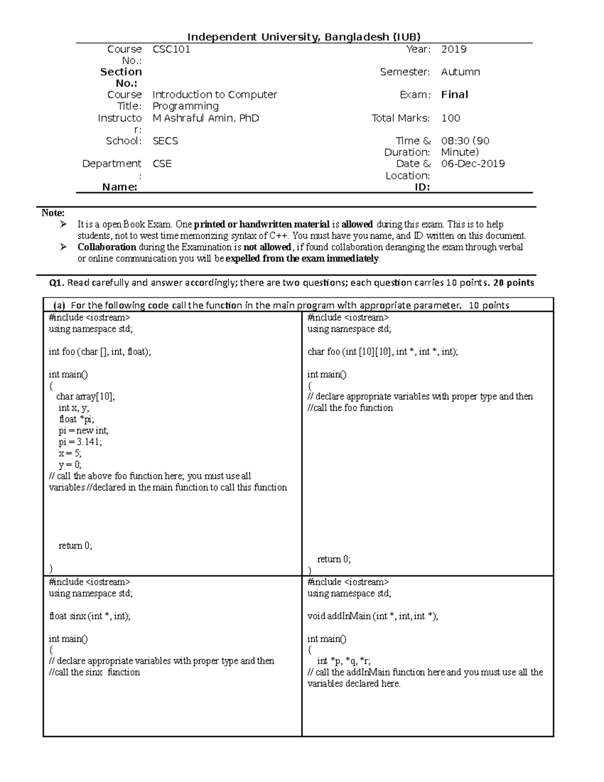 Final 7 December 2019, questions - Course No.: CSC101 Year: 2019 ...