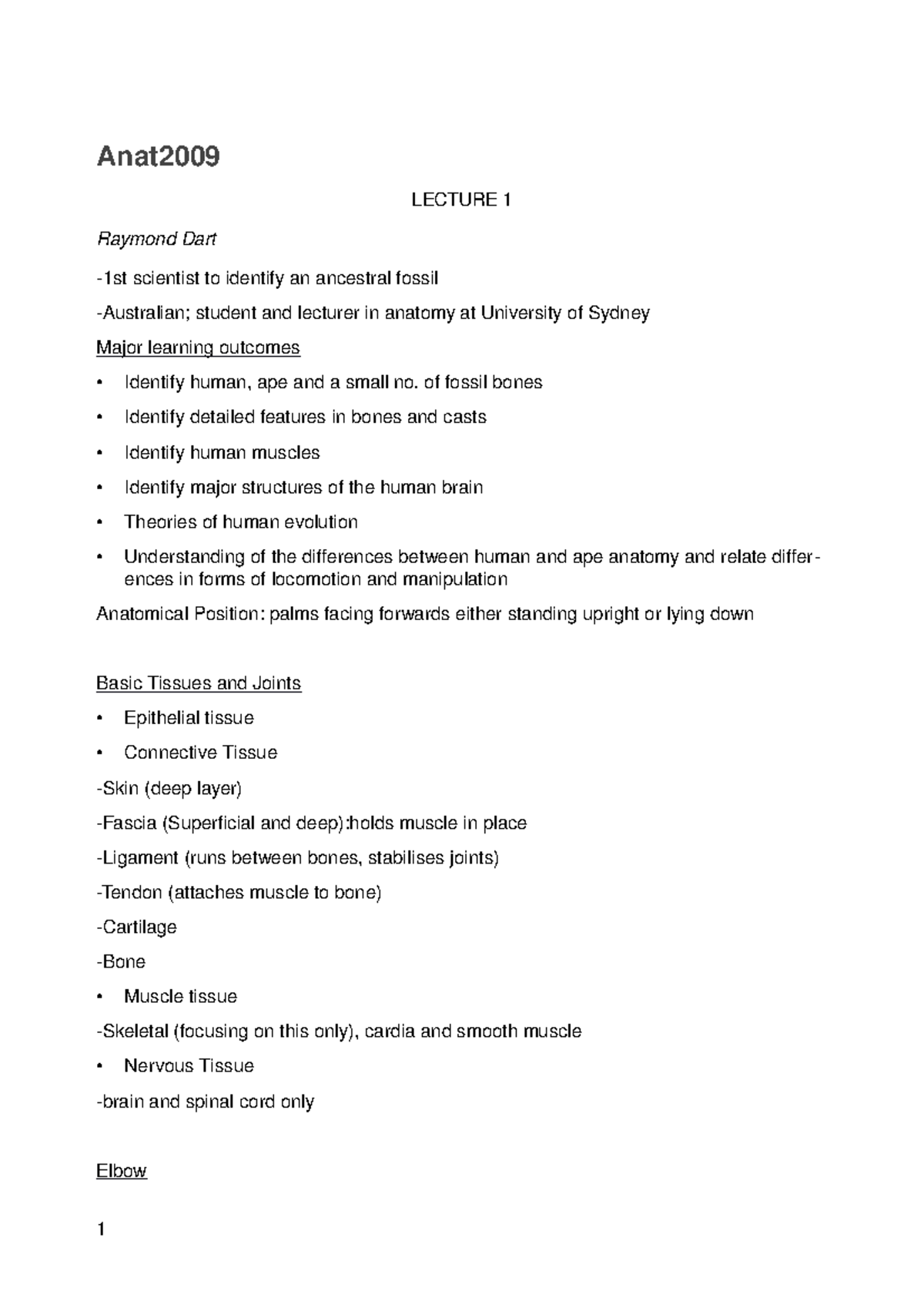 Lecturer: Denise Donlon - Lecture notes, lectures 1 - 6 - Anat2009 ...