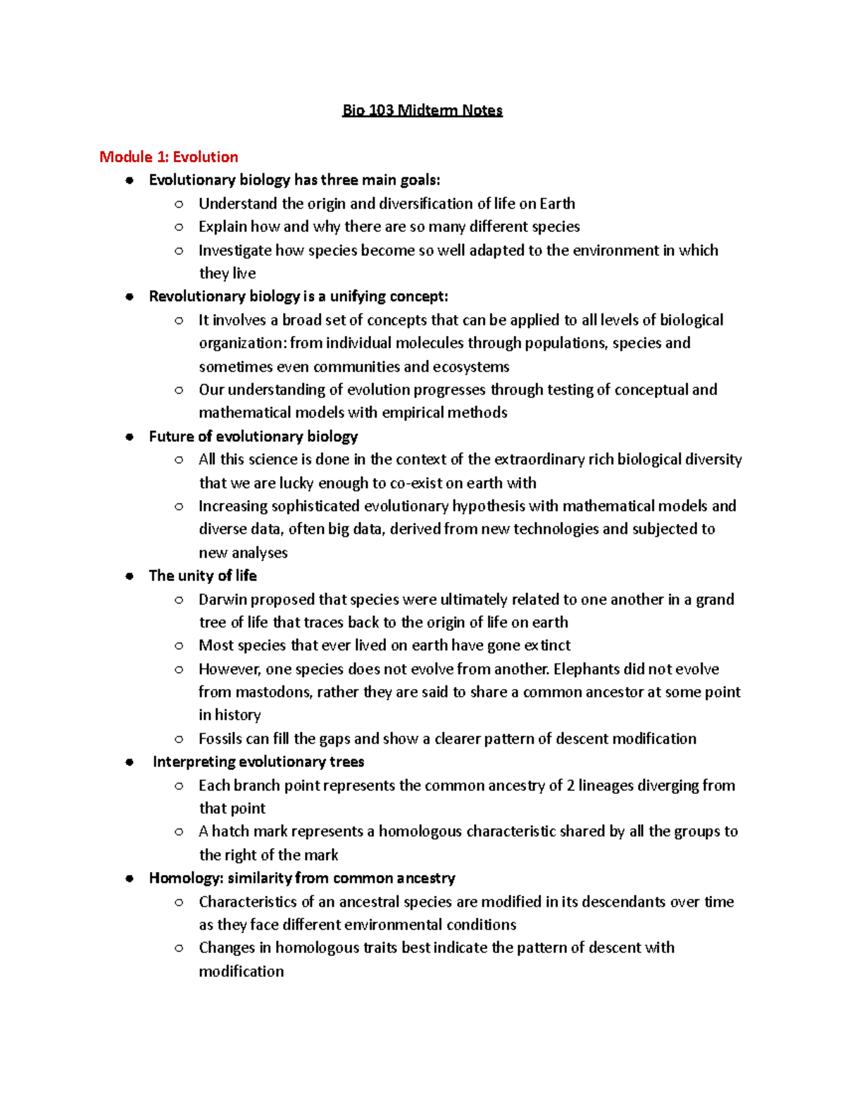 Bio 103 Midterm Notes Week 1 - Bio 103 Midterm Notes Module 1 ...