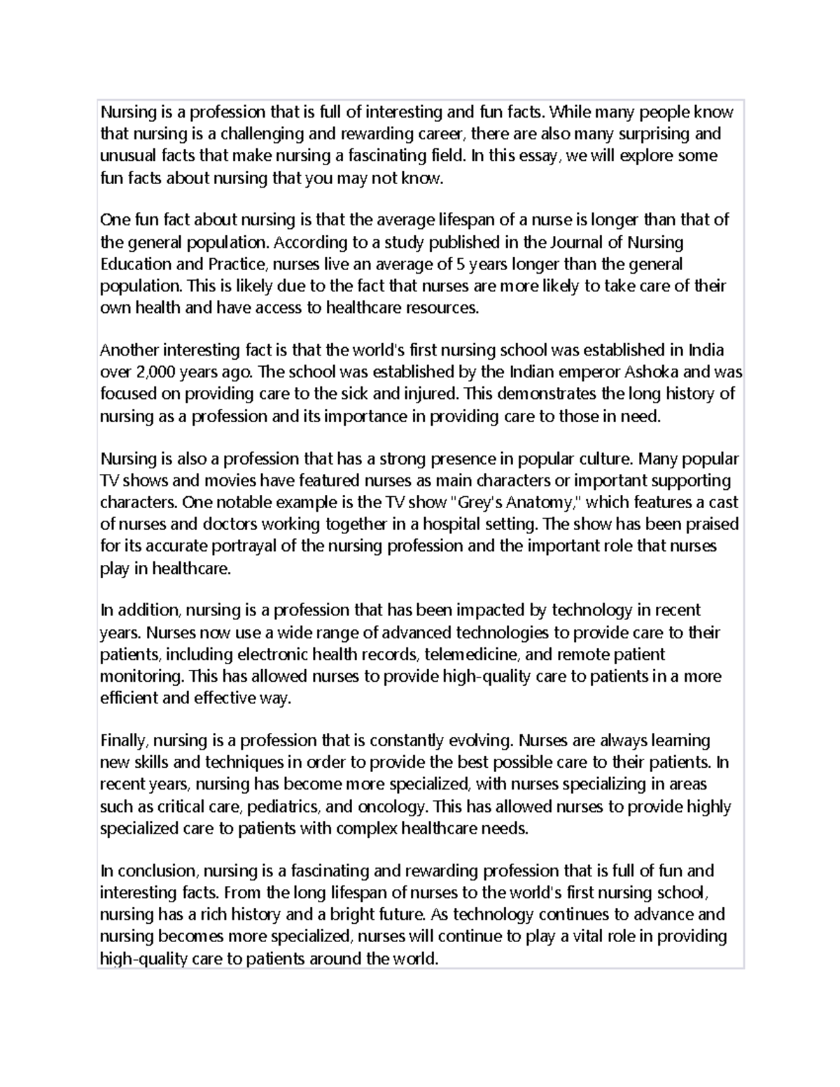 Doc2 - In class assignment and work/notes for essay - Nursing is a ...