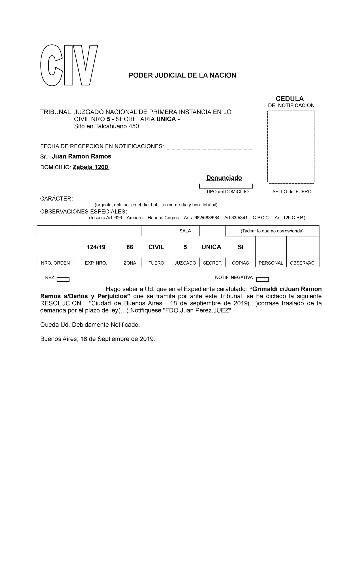 Cedula Civil 2019 - PODER JUDICIAL DE LA NACION CEDULA DE NOTIFICACION ...