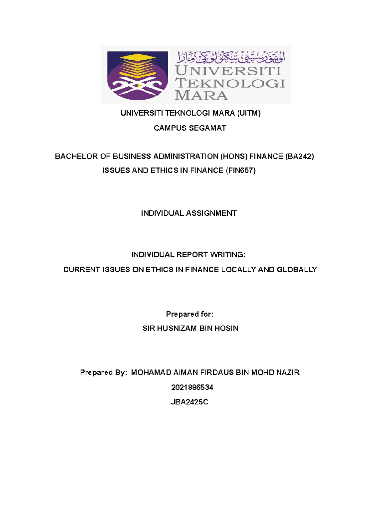 Individual Assignment FIN657 (report) - UNIVERSITI TEKNOLOGI MARA (UITM ...