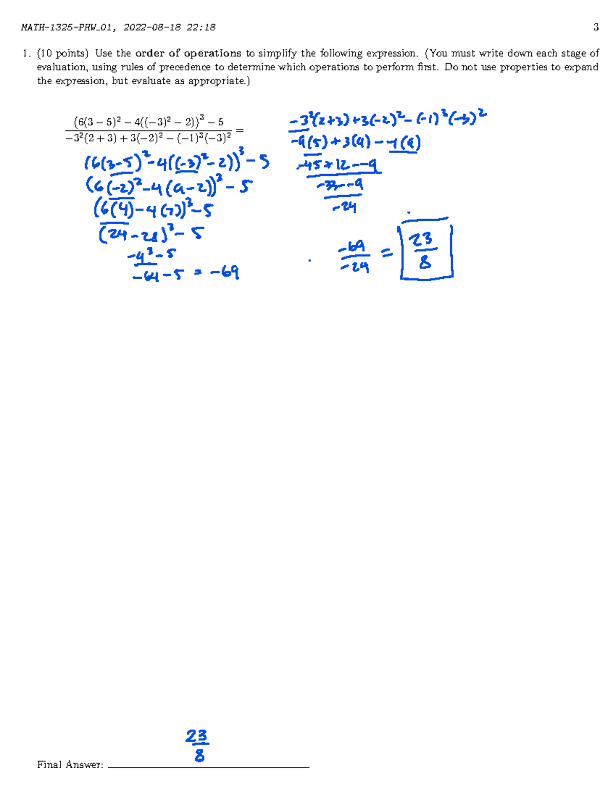 Phw01 Applied Calc 1325 10 Points Use The Order Of Operations To