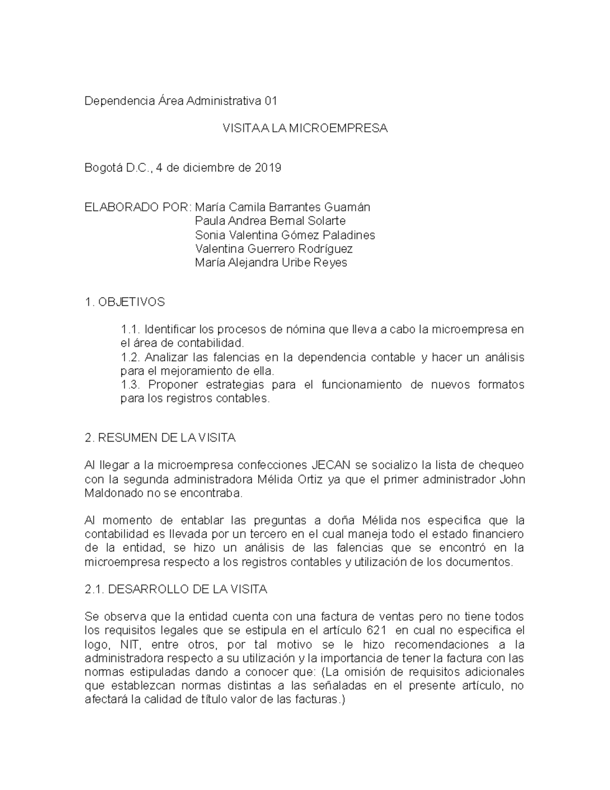 Informe DE Contabilidad 222 - Dependencia Área Administrativa 01 VISITA ...