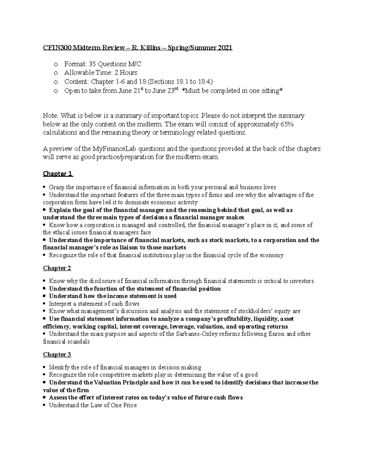 CFIN300 Midterm Review Spr-Sum 2021 - fin 300 - Toronto Met - Studocu