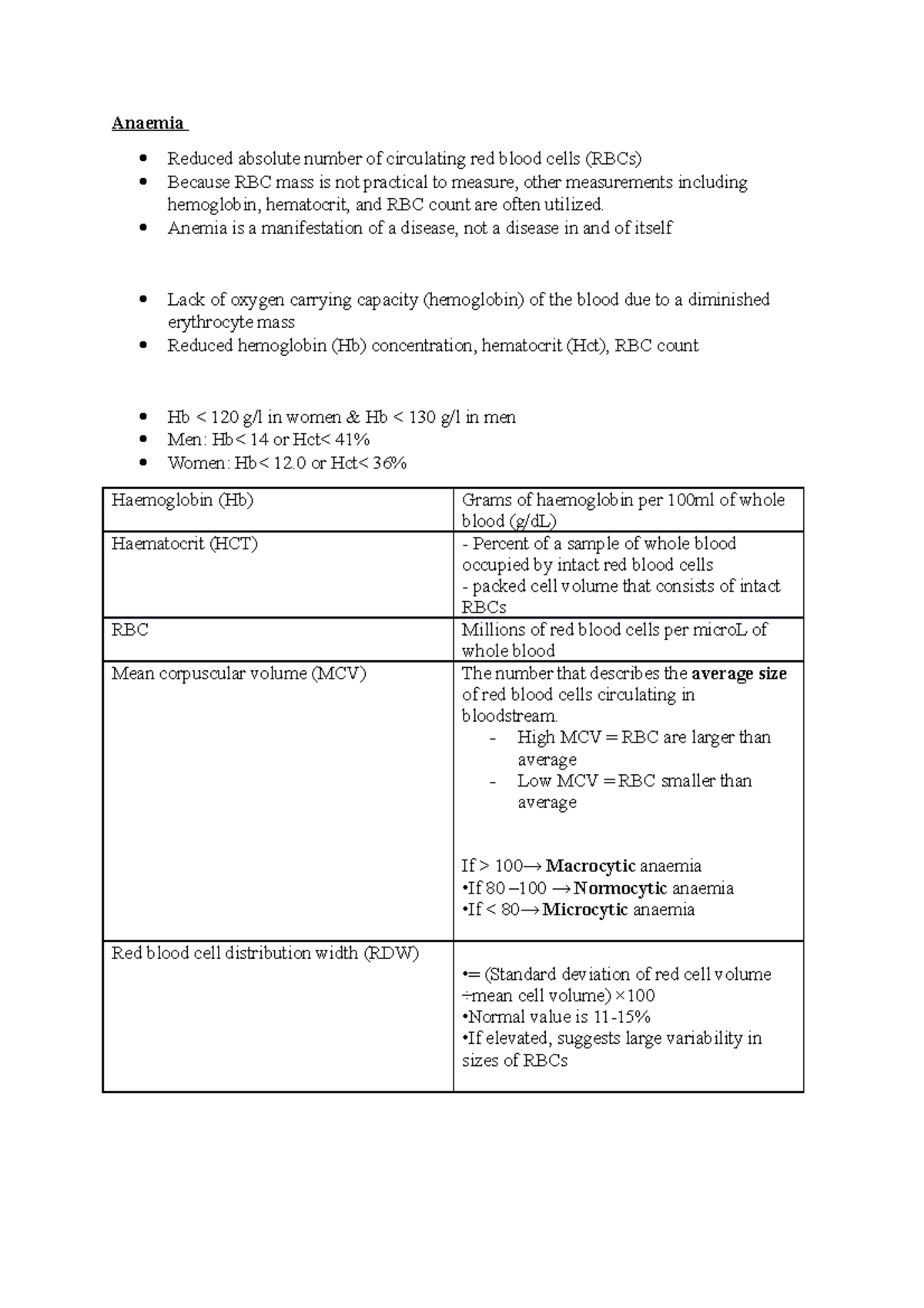 Introduction to anaemia - notes - Anaemia Reduced absolute number of ...
