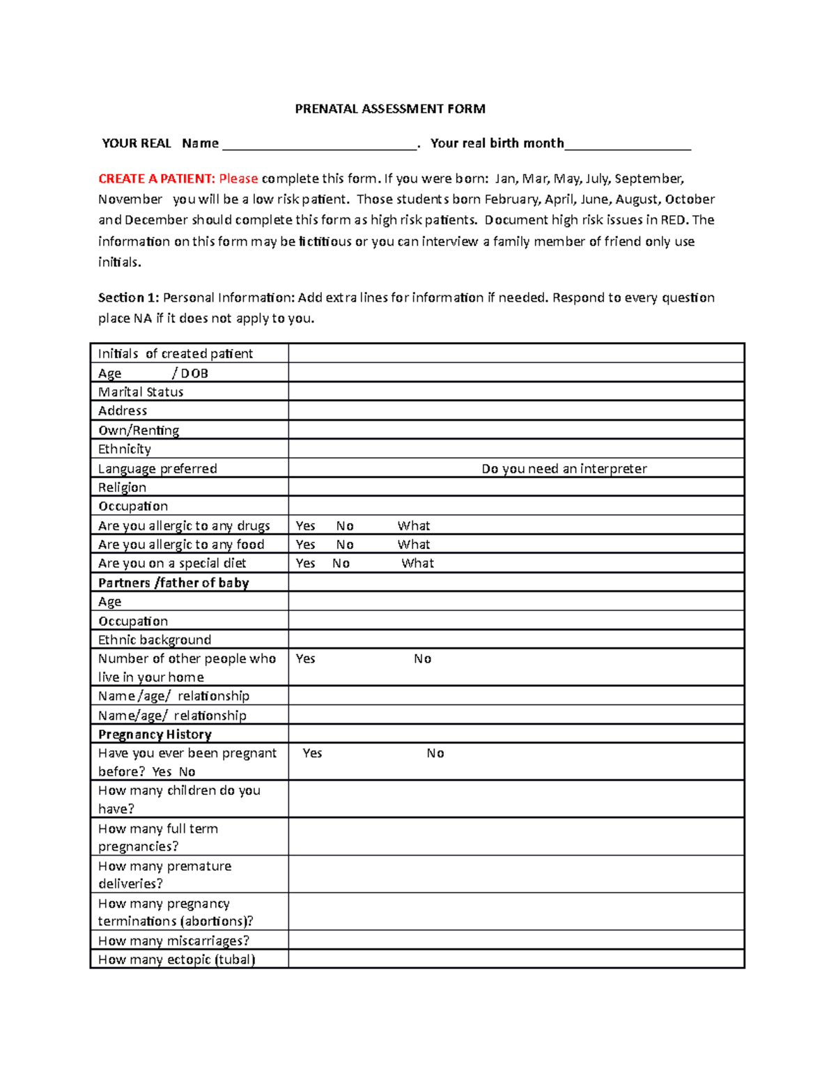 Prenatal Assessment Form - PRENATAL ASSESSMENT FORM YOUR REAL Name ...