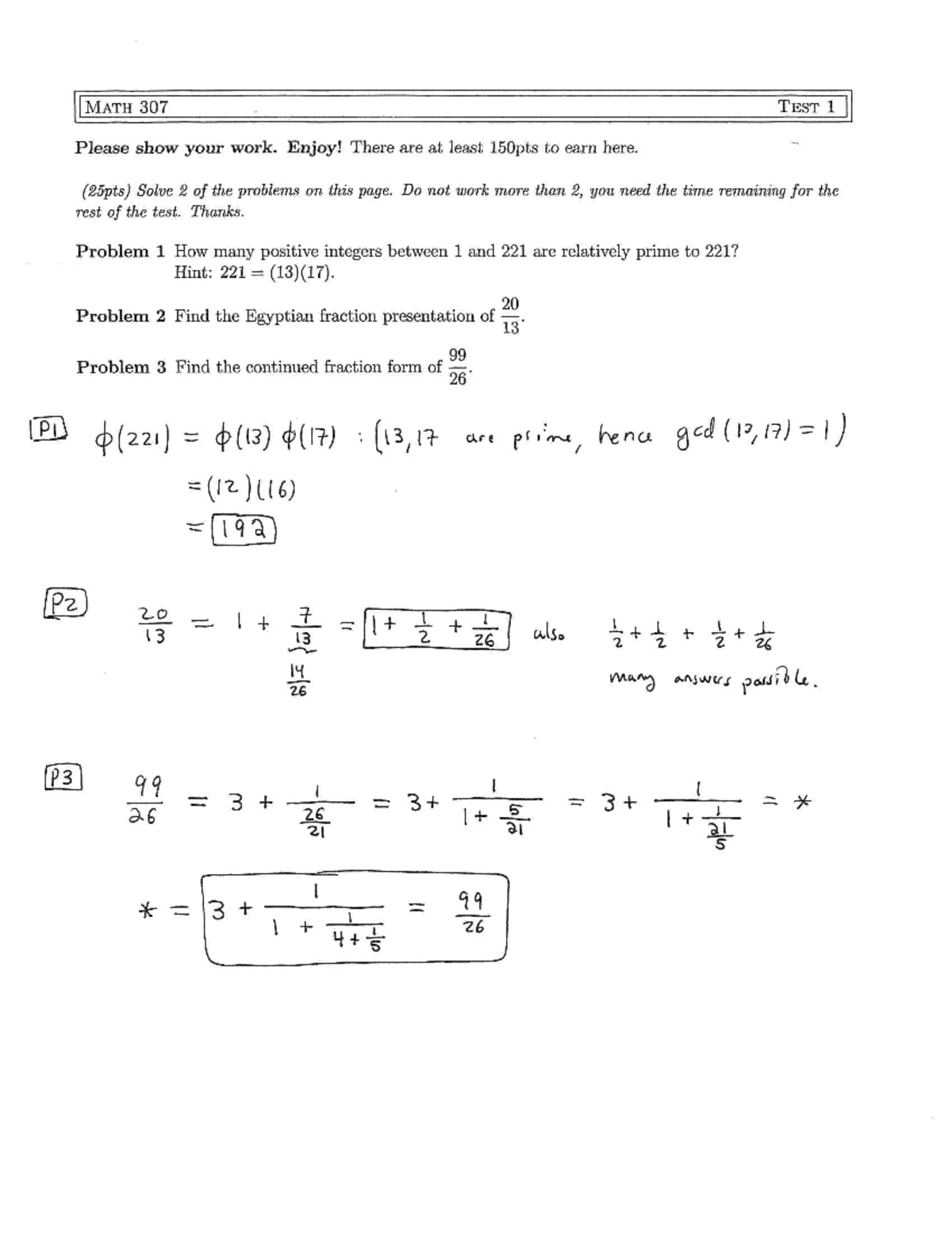 Introductory Number Theory Test 1 solutions - MATH 307 TEST 1 Please ...