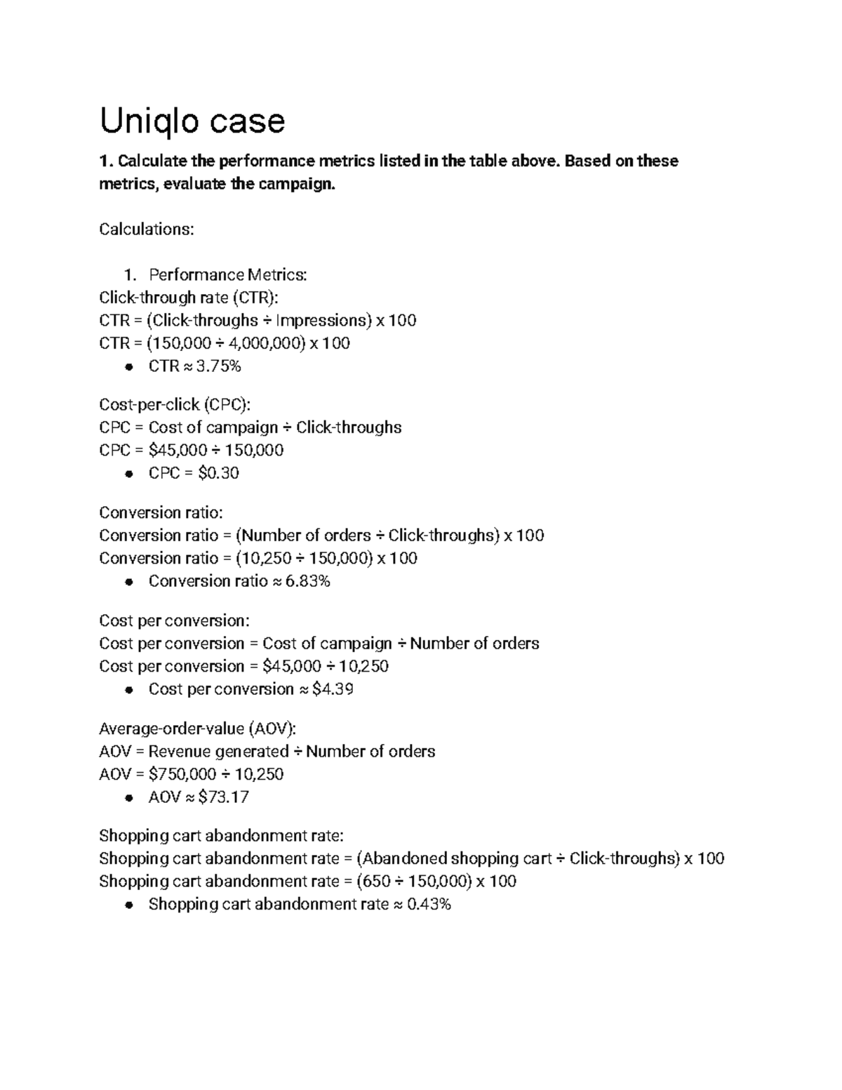 Uniqlo case - Calculate the performance metrics listed in the table ...