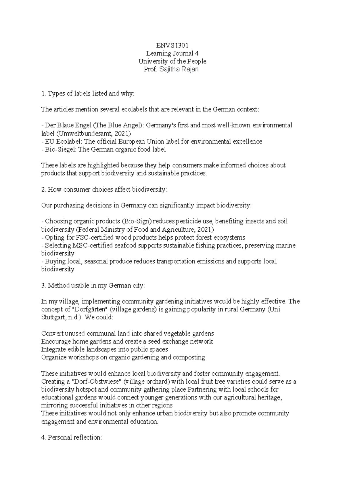 ENVs 1301-4 - ENVS 1301 Learning J 4 - ENVS Learning Journal 4 ...