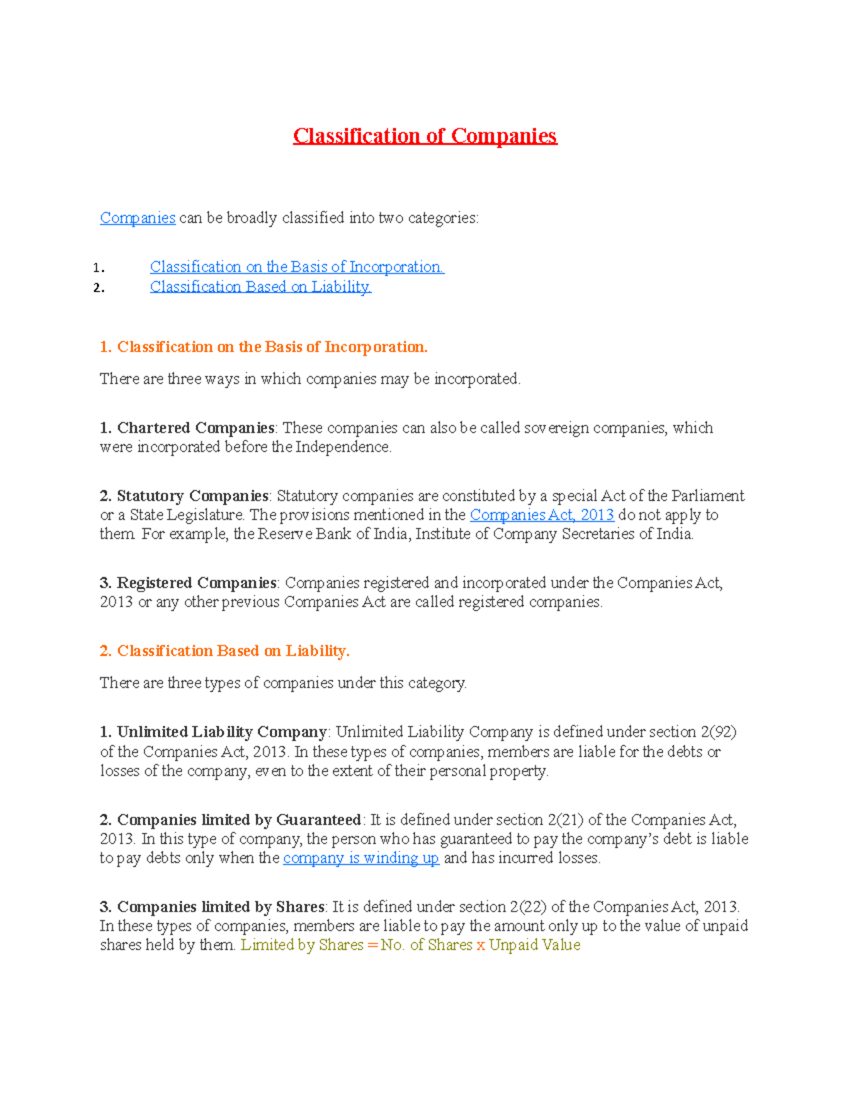 Classification of Companies - Classification of Companies Companies can ...