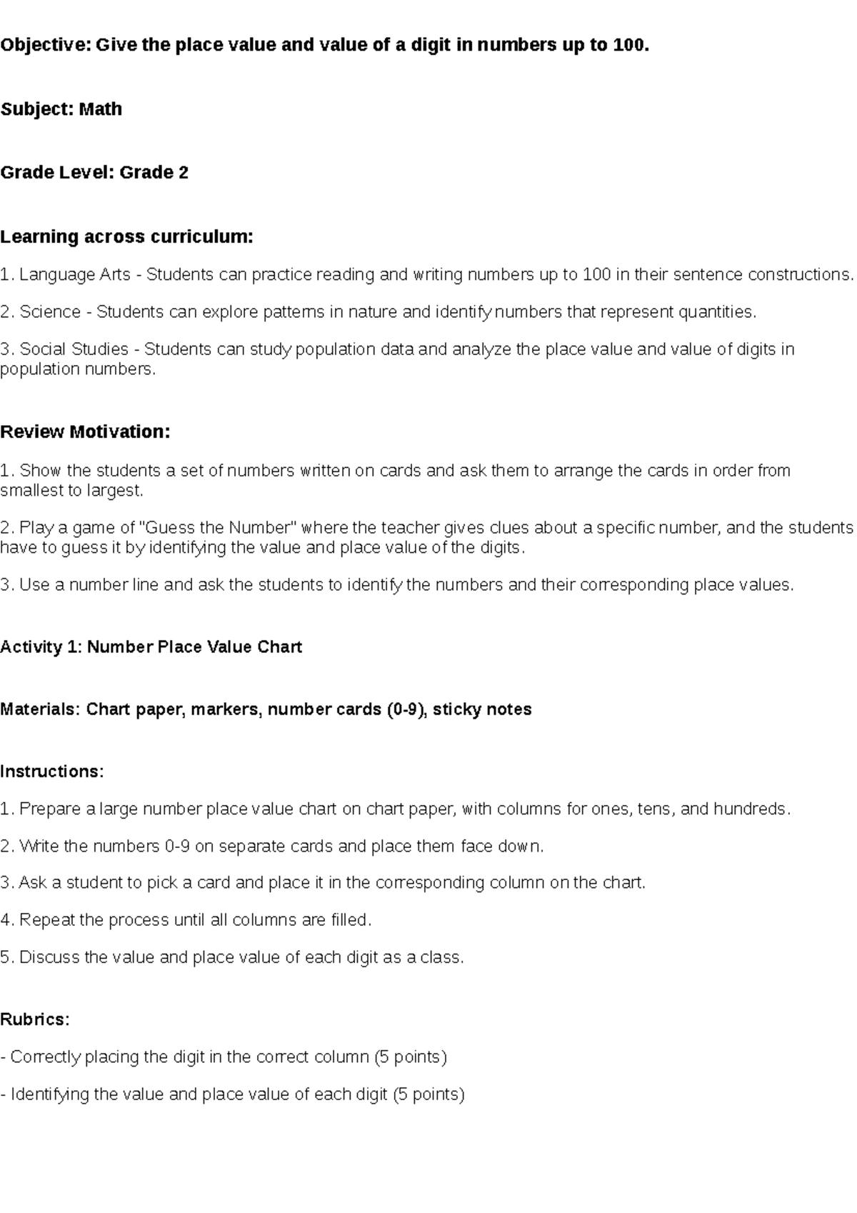 Lesson plan - Living in a fullest - Objective: Give the place value and ...