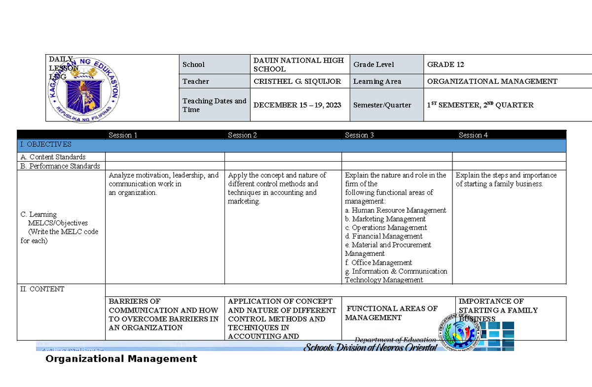 Orgman DLP 03 - Practice material. - DAILY LESSON LOG School DAUIN ...