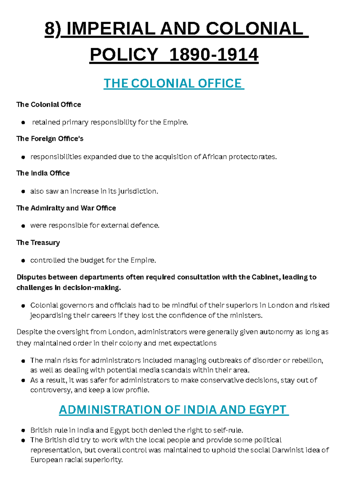 8) Imperial AND Colonial Policy - 8) IMPERIAL AND COLONIAL POLICY 1890 ...