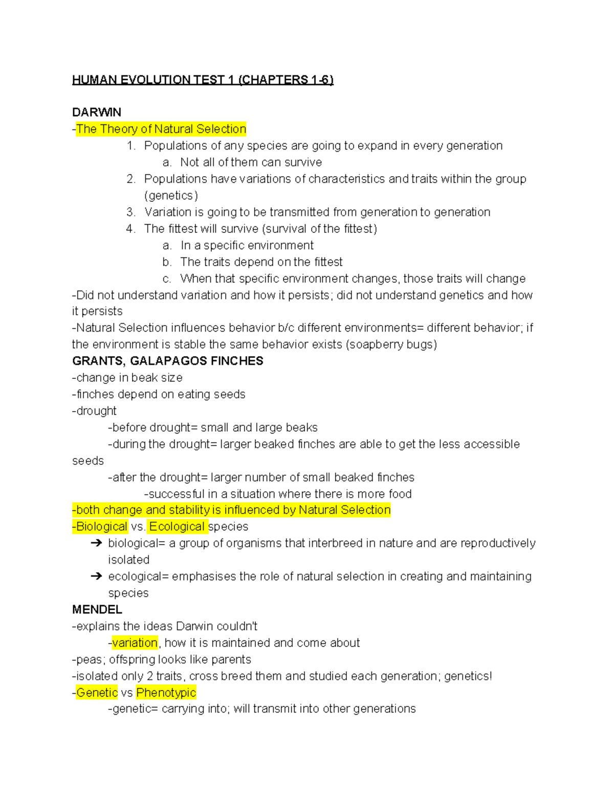 Human evolution test 1 study sheet - HUMAN EVOLUTION TEST 1 (CHAPTERS 1 ...