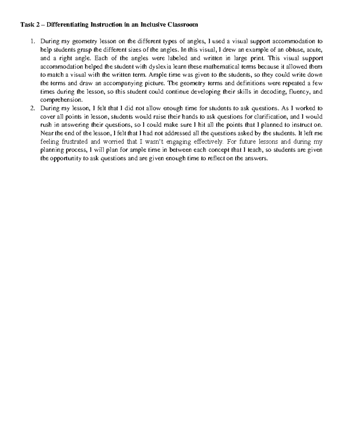 D096 Task 2 - Differentiating Instruction in an Inclusive Classroom ...