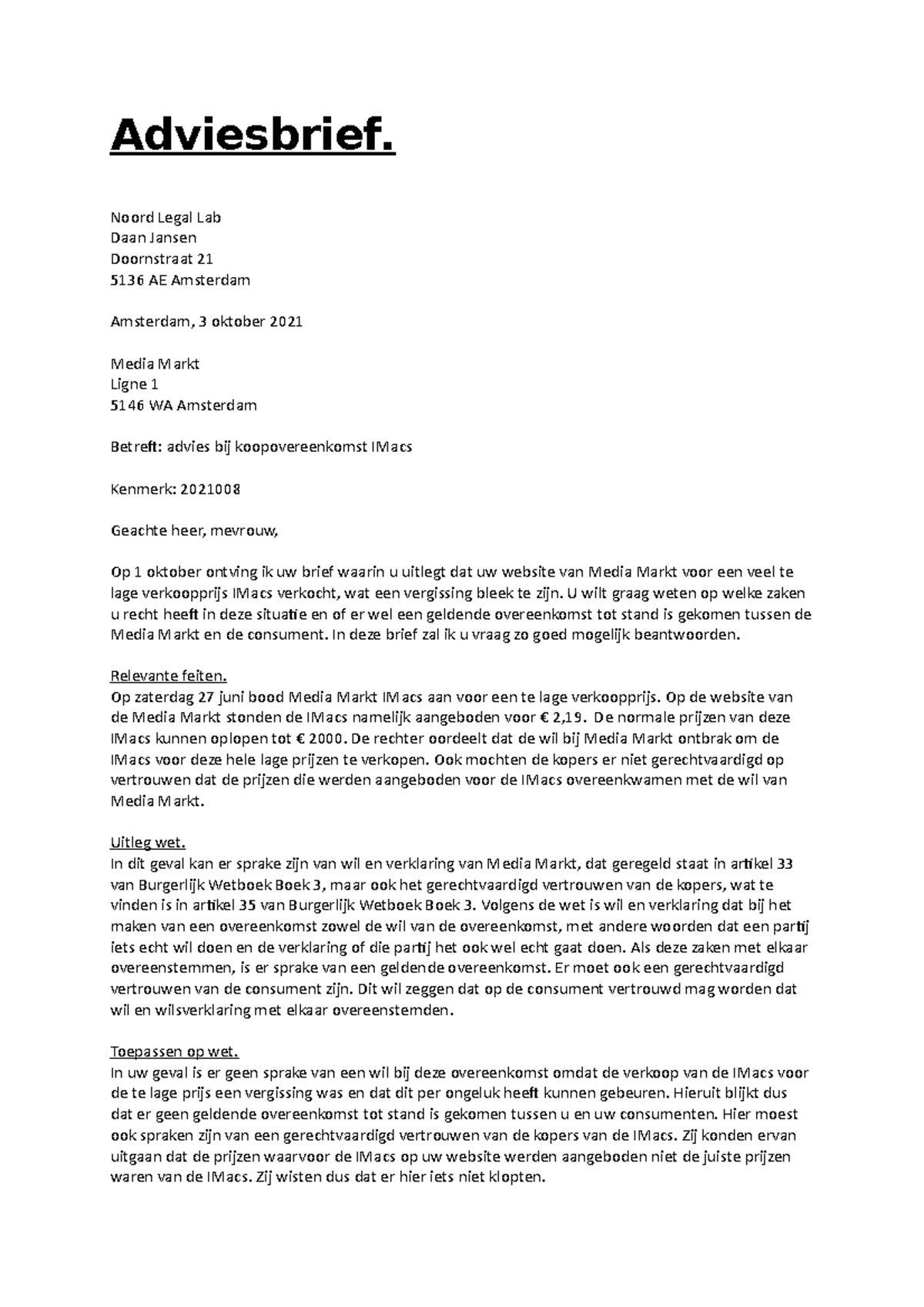 Adviesbrief koopovereenkomst Mediamarkt en Imacs - Adviesbrief. Noord ...