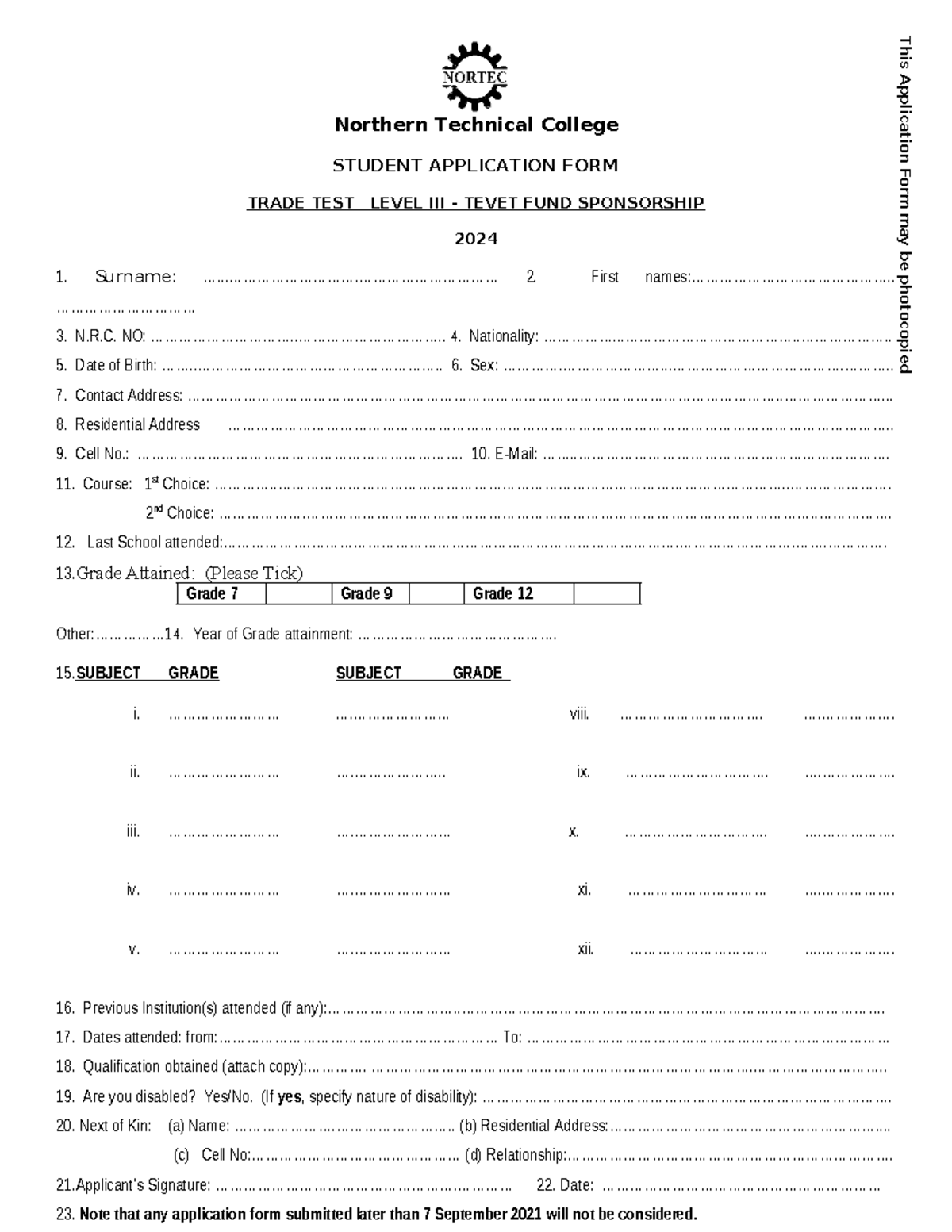 1. Application FORM Tevet FUND - Northern Technical College STUDENT ...