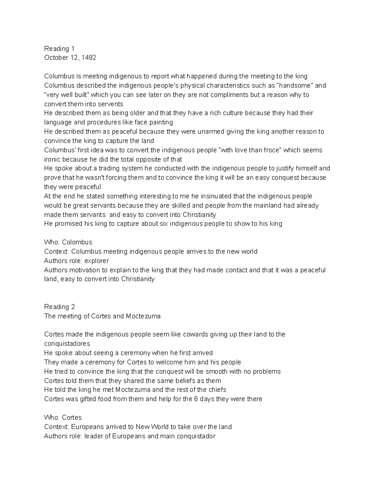 History Reading Notes - Reading 1 October 12, 1492 Columbus is meeting ...