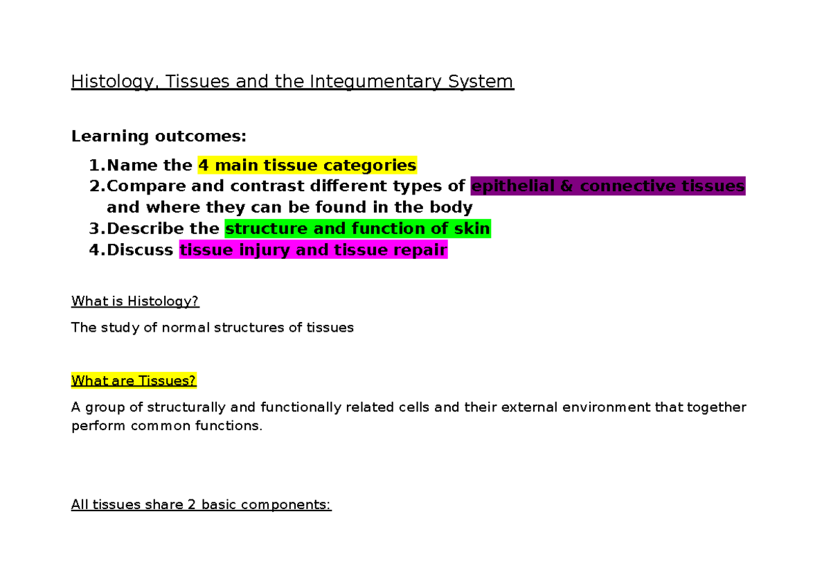 HAP1 wk3 - Histology, Tissues and the Integumentary System Learning ...