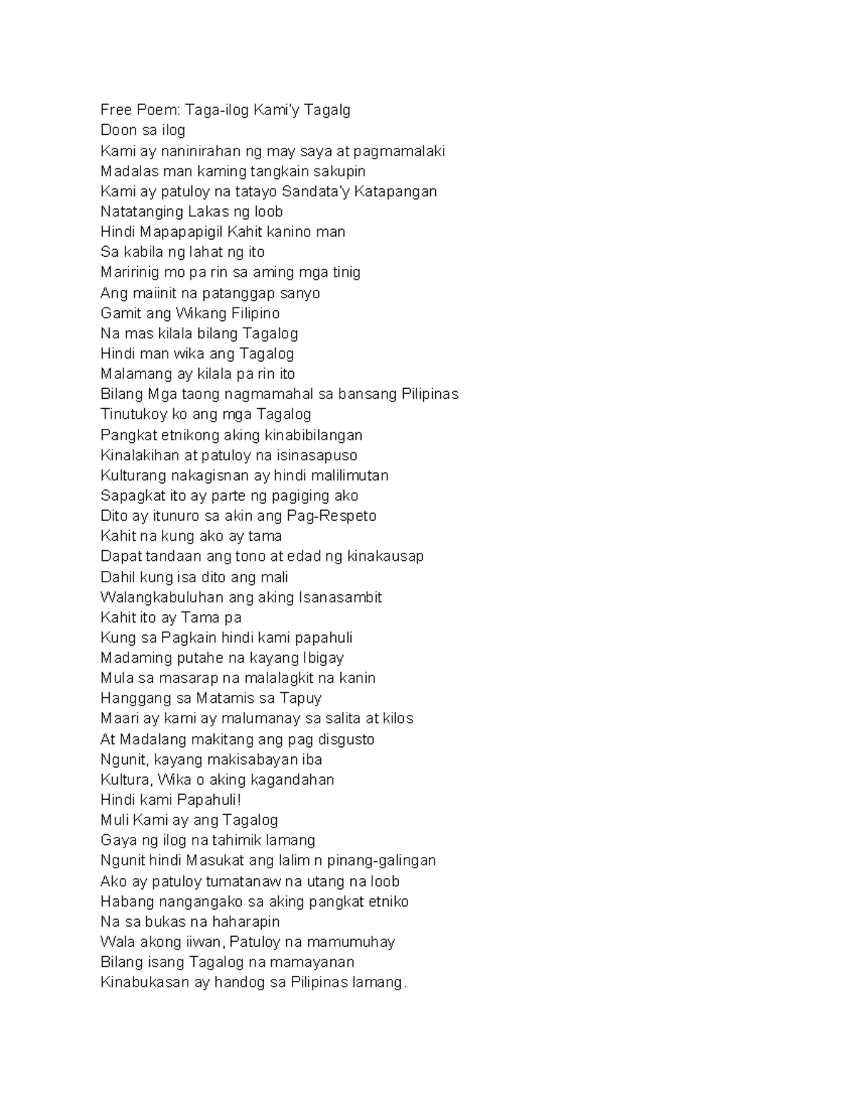 Engl 100 Cultural Identity Activity - Free Poem: Taga-ilog Kami’y ...