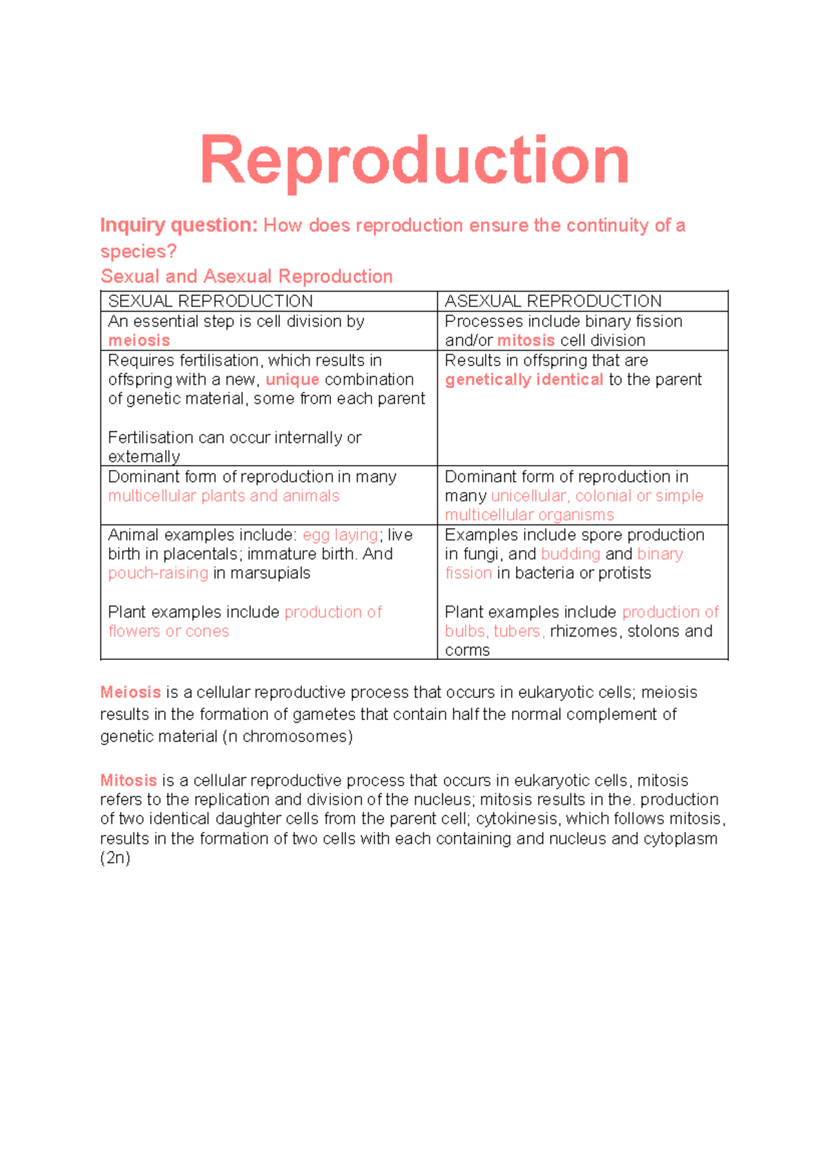 Full Course Notes - Reproduction Inquiry question: How does ...