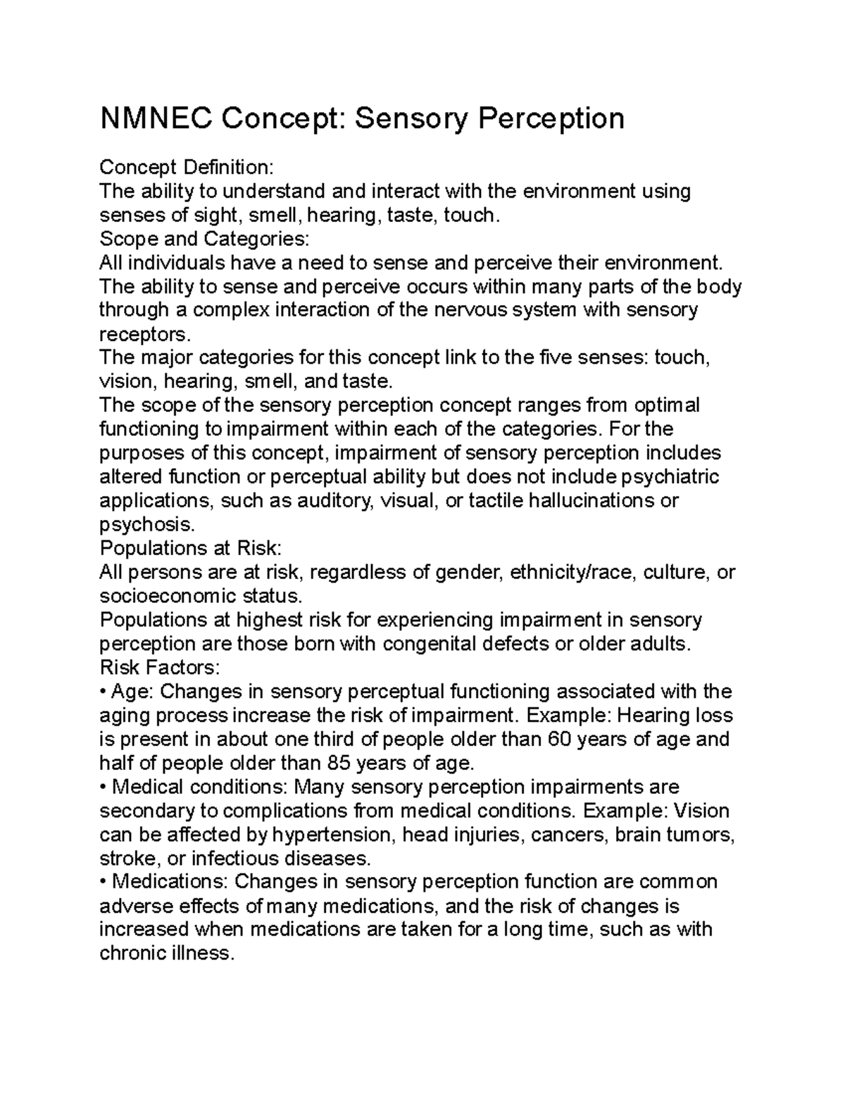 Sensory lecture notes - NMNEC Concept: Sensory Perception Concept ...