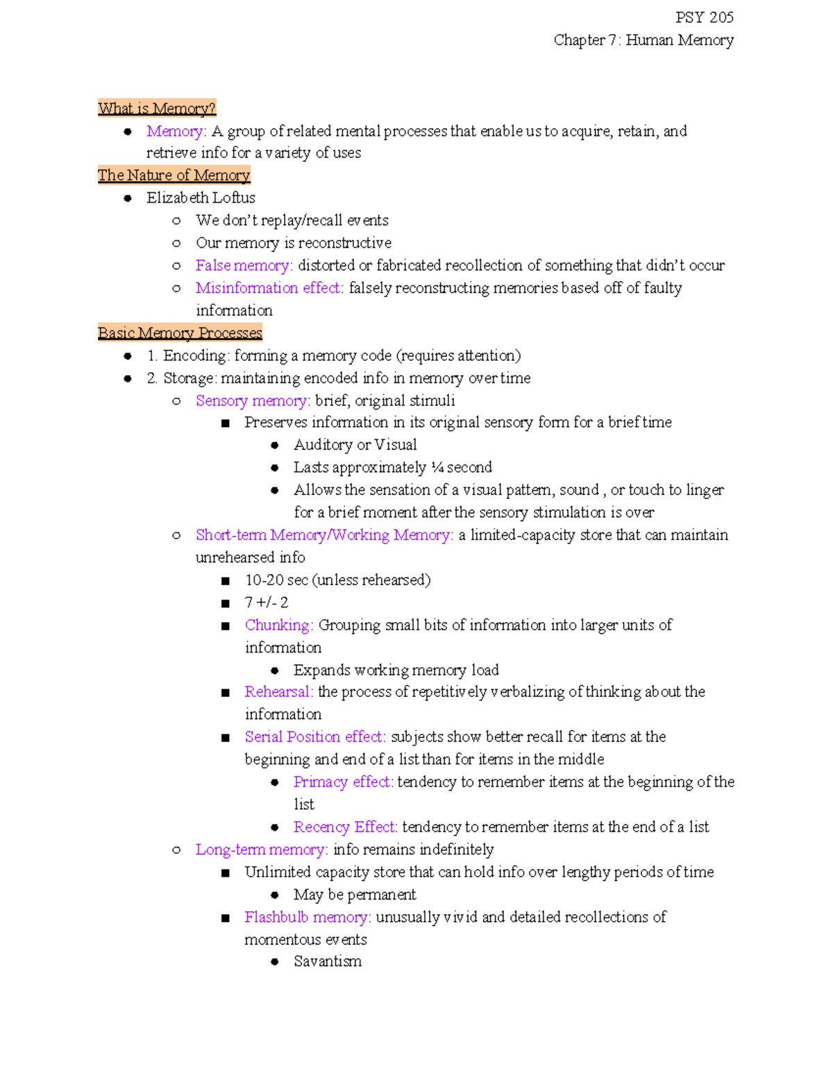 Chapter 7 Human Memory Notes - Chapter 7: Human Memory What is Memory ...
