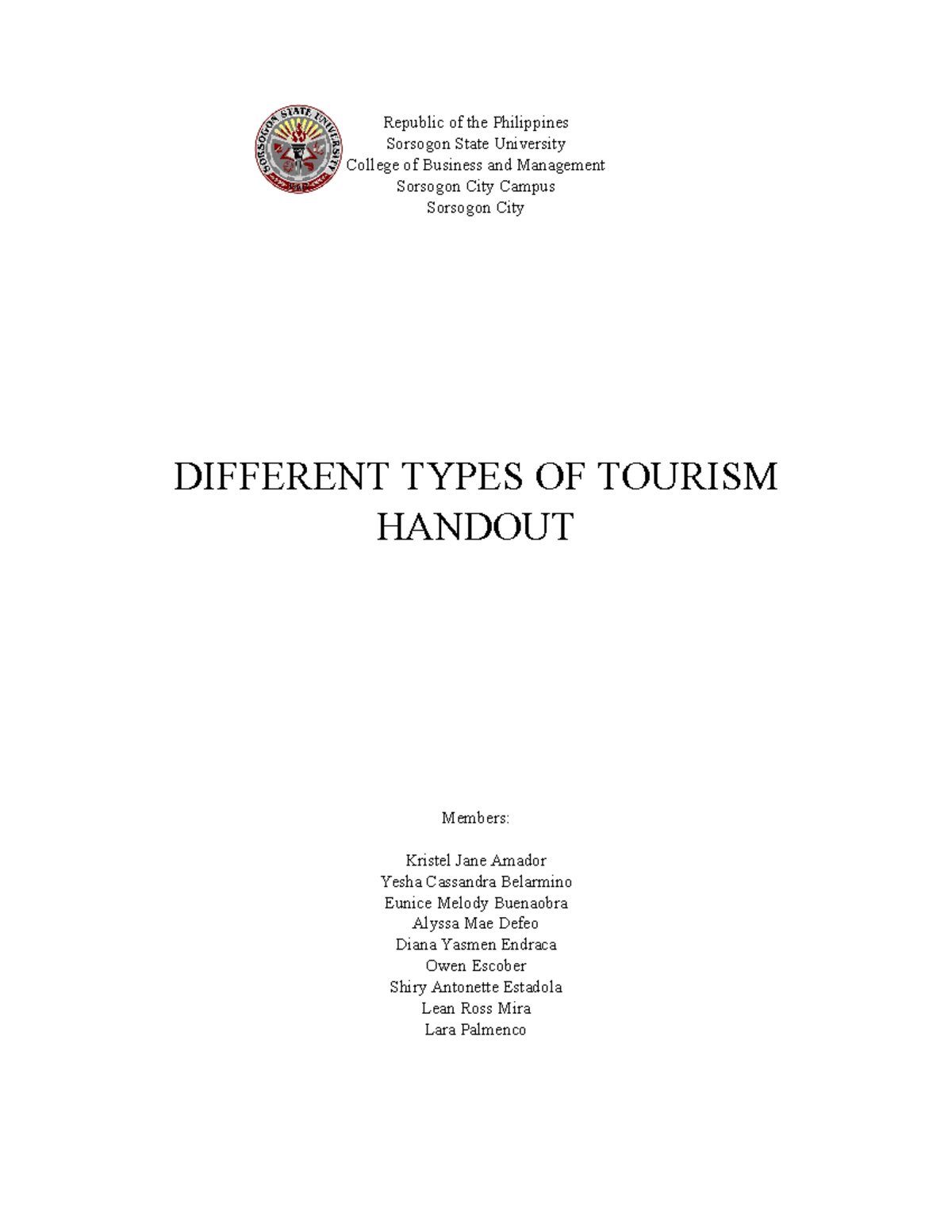Different-Types-of-Tourism-Handout 094855 - Republic of the Philippines Sorsogon State ...