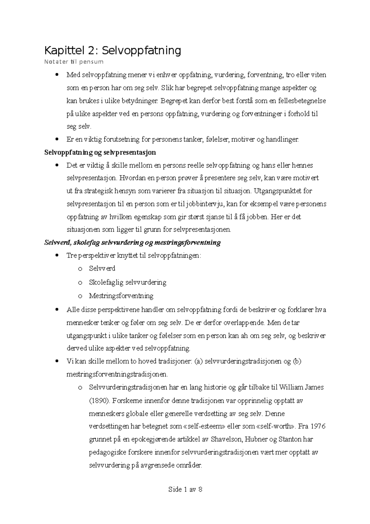 Kapittel 2 - Selvoppfatning - PSYK109 - UiB - Studocu