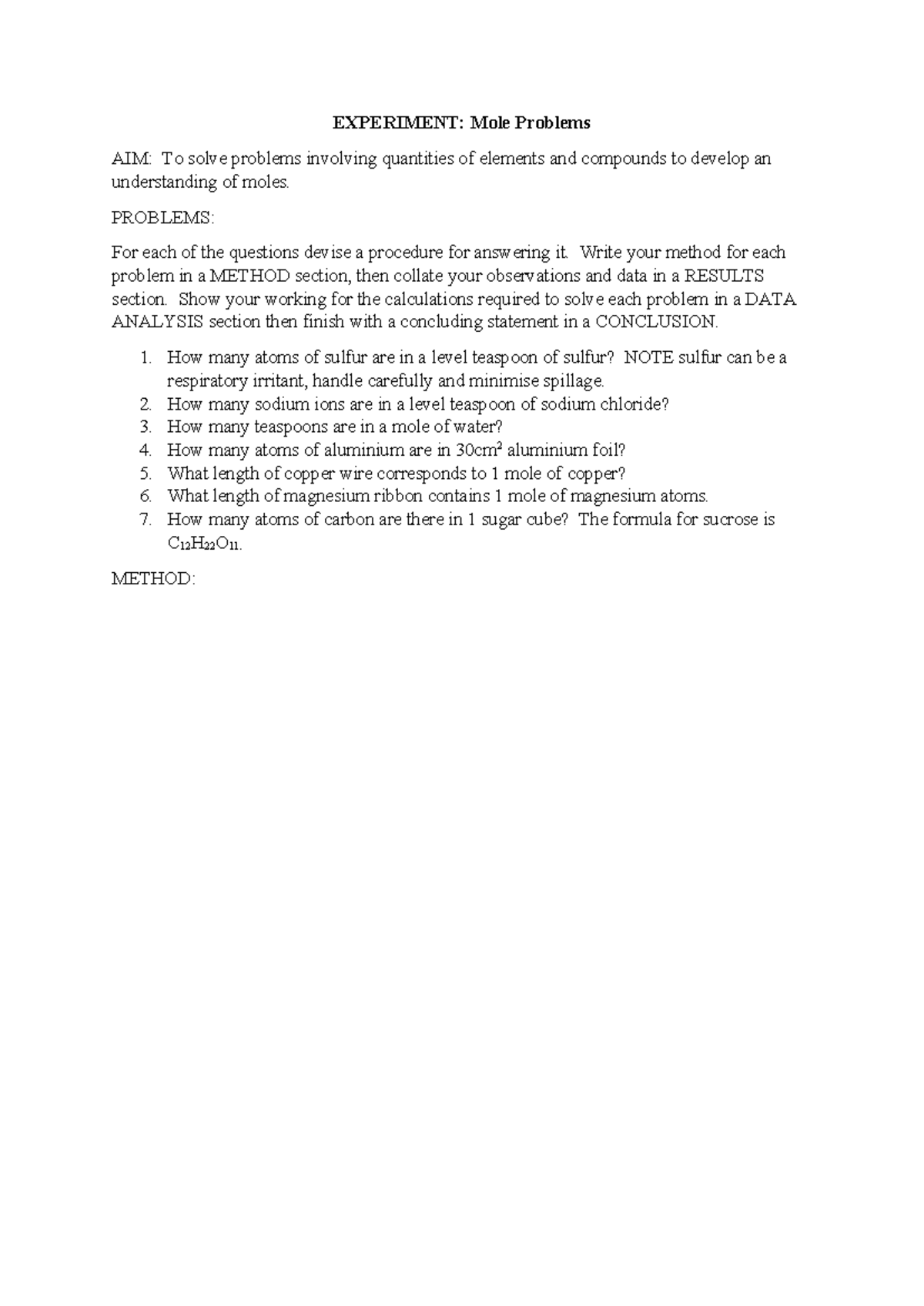 Experiment Mole Problems - EXPERIMENT: Mole Problems AIM: To solve ...