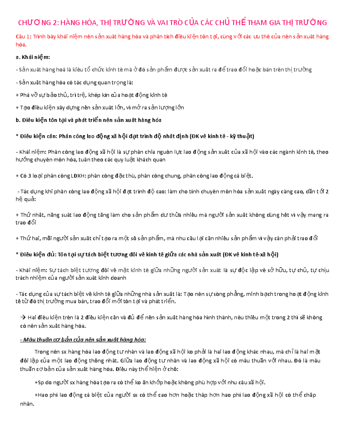Đề-cương-KTCT - CH ƯƠNG 2: HÀNG HÓA, TH TR Ị ƯỜNG VÀ VAI TRÒ C ỦA CÁC CH Ủ TH Ể THAM GIA TH TRỊ ...
